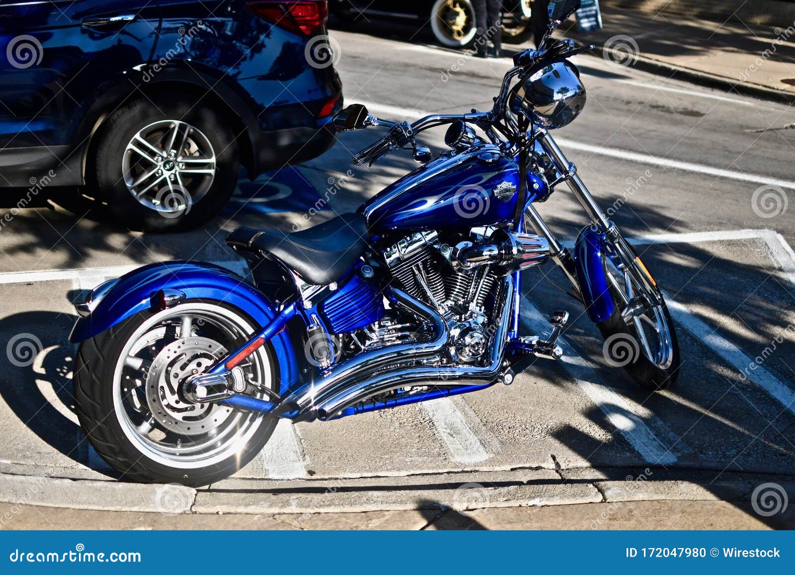 Blue Shiny Chopper Motorcycle in the Parking Lot Editorial Image ...