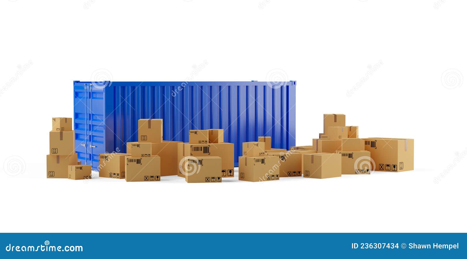 Blue Shipping Container with Boxes or Parcels Over White Background ...