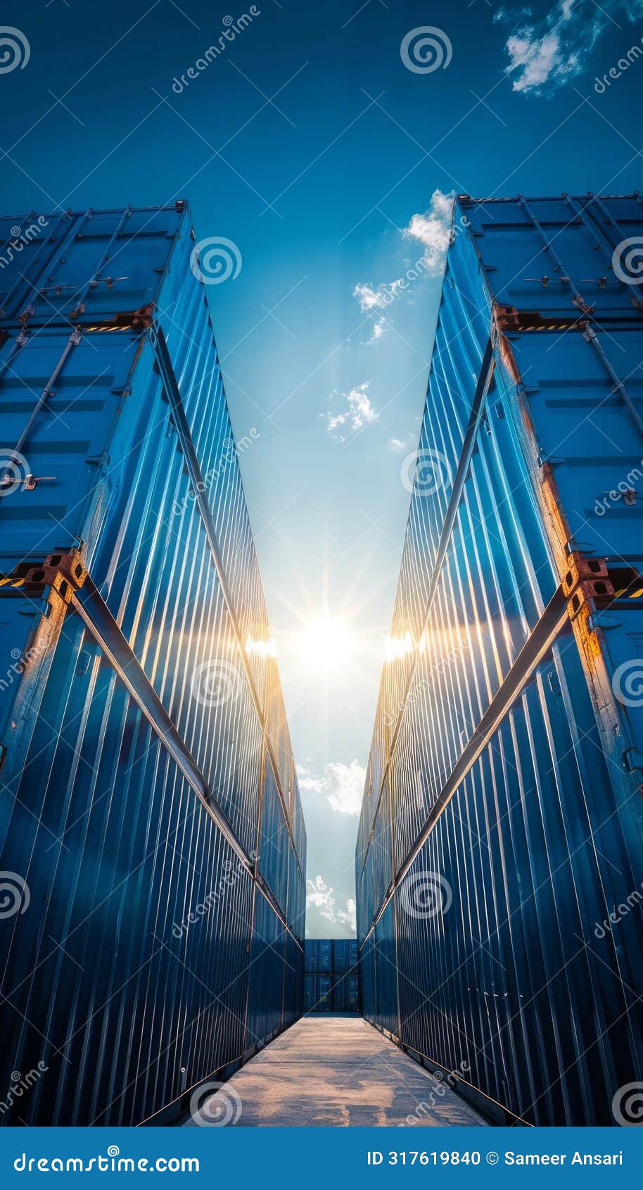 Blue Shipping Containers Stacked High at Sunset Stock Illustration ...
