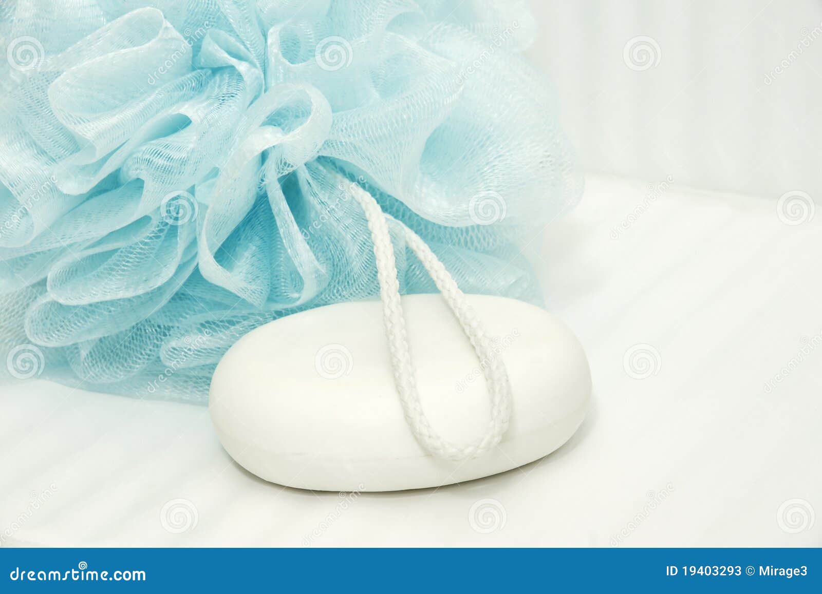 Blue Shower Puff and Soap on Tiles Stock Image - Image of background ...