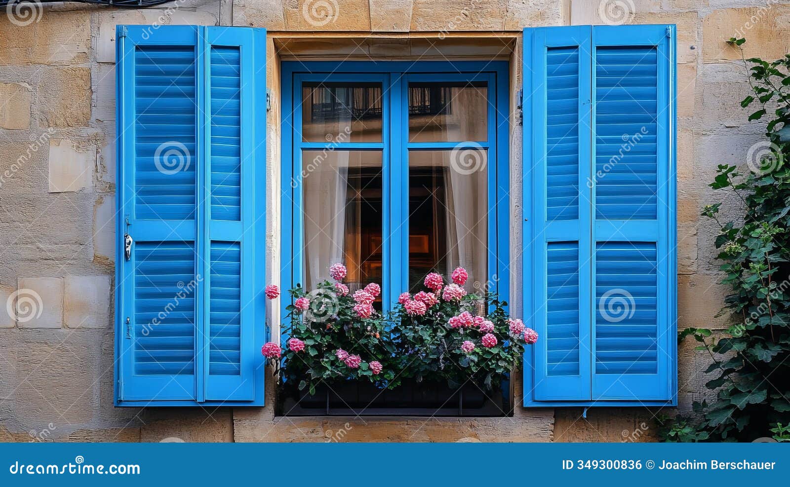 Blue Shuttered Window with Pink Flowers on the Sill. Stock Photo ...