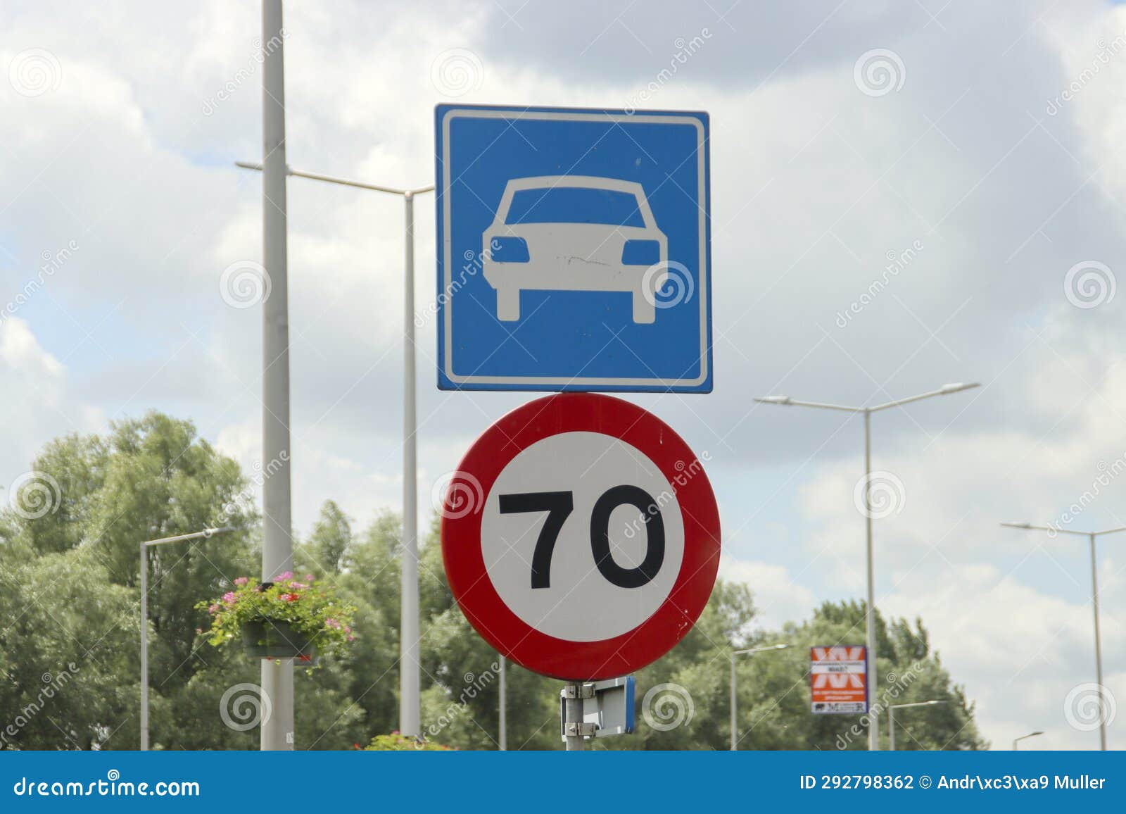 Blue Sign Motorway and Speed Limit 70 Kilometers Stock Photo - Image of ...