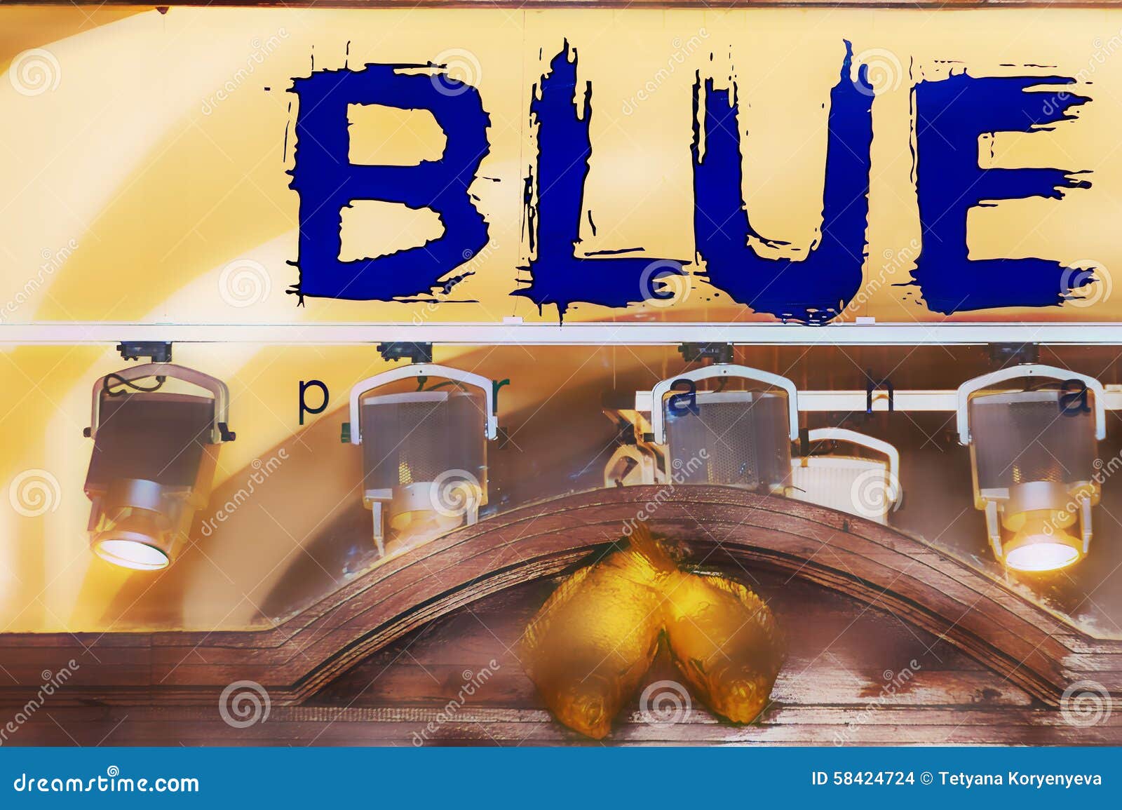 Blue Sign in the Window with Lights Stock Photo - Image of design ...