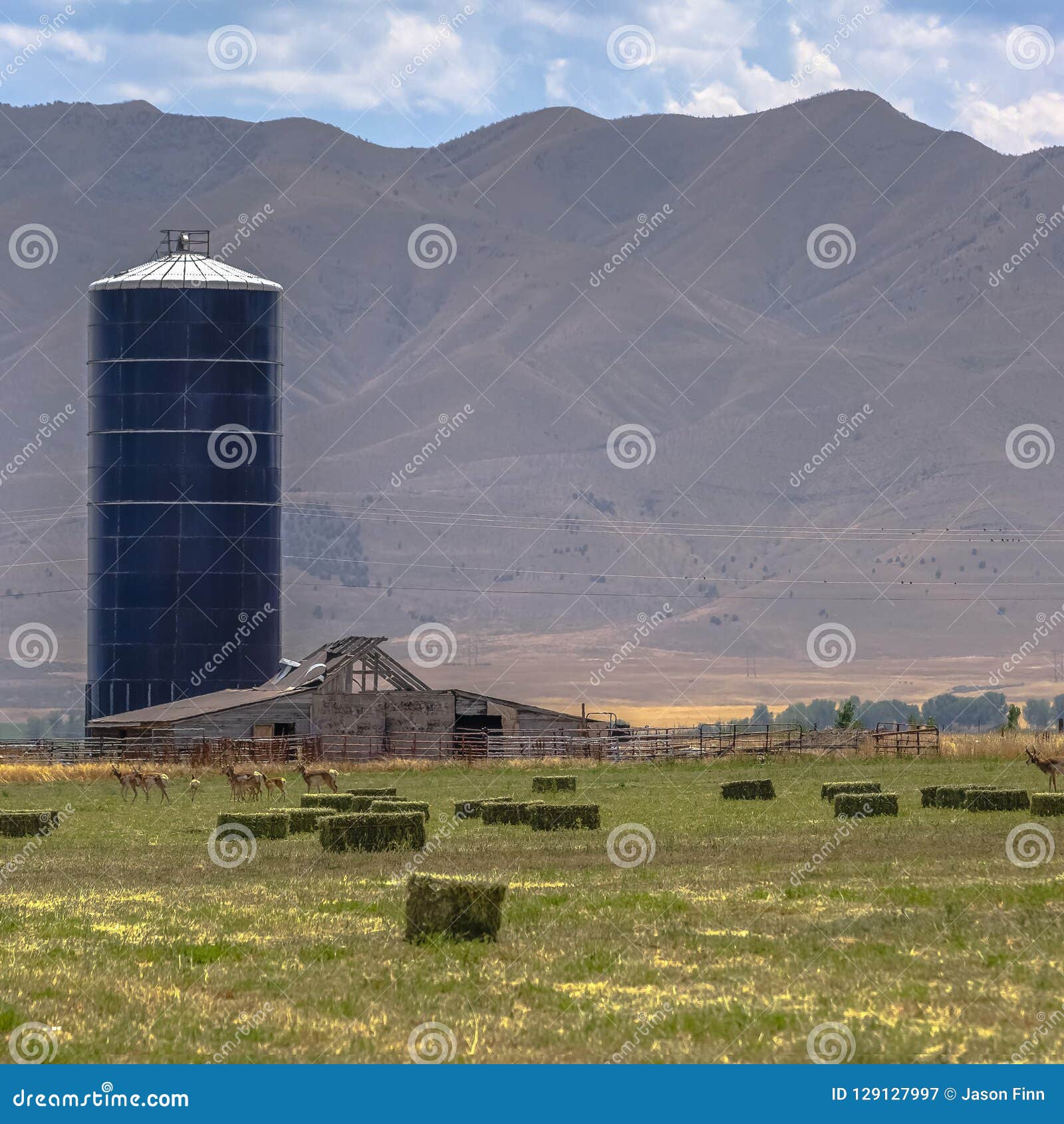 Blue Silo and Old Barn in Front of a Huge Mountain Stock Image - Image ...