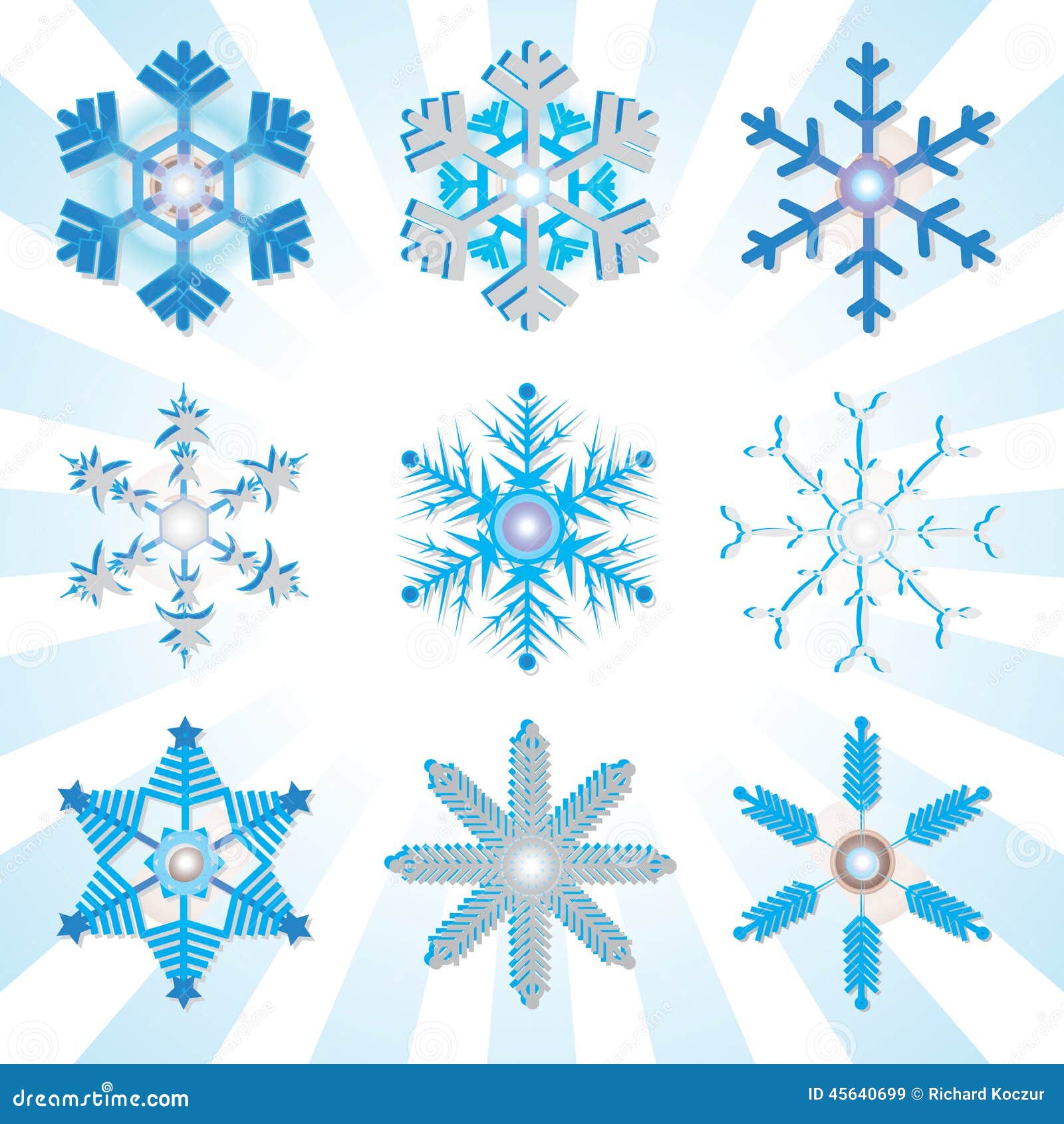 Blue and Silver Detailed Snowflakes Variations Stock Vector ...