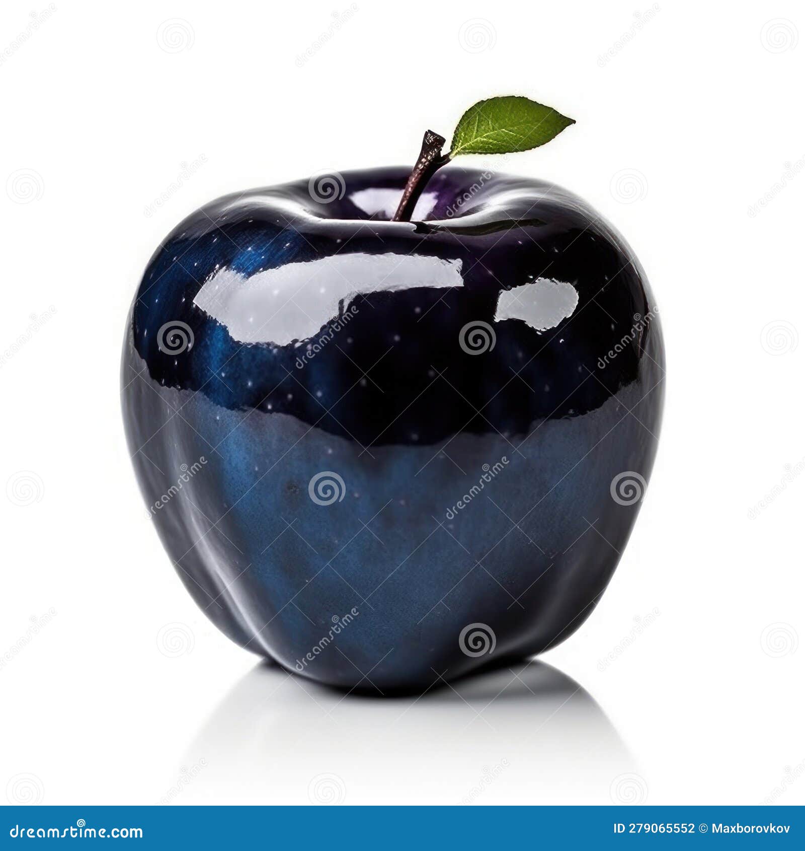 Blue Single Realistic Shiny Apple with Reflection on White Background ...