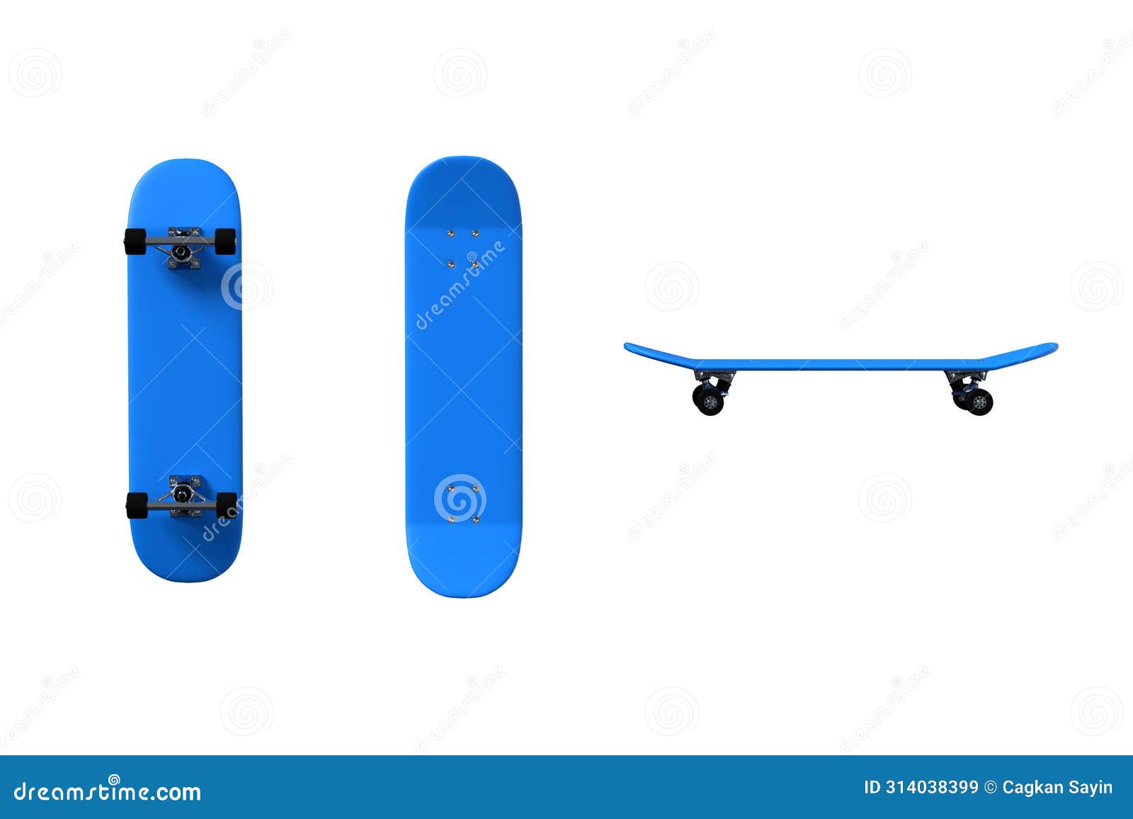 Blue Skateboard Isolated on White Background with Top, Bottom and Side ...