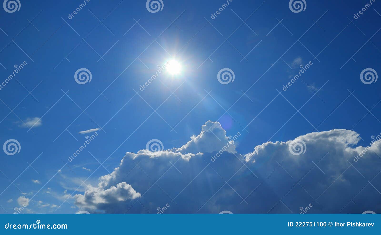 A Large Bright Sun on a Beautiful Blue Sky Above White Clouds. Stock ...