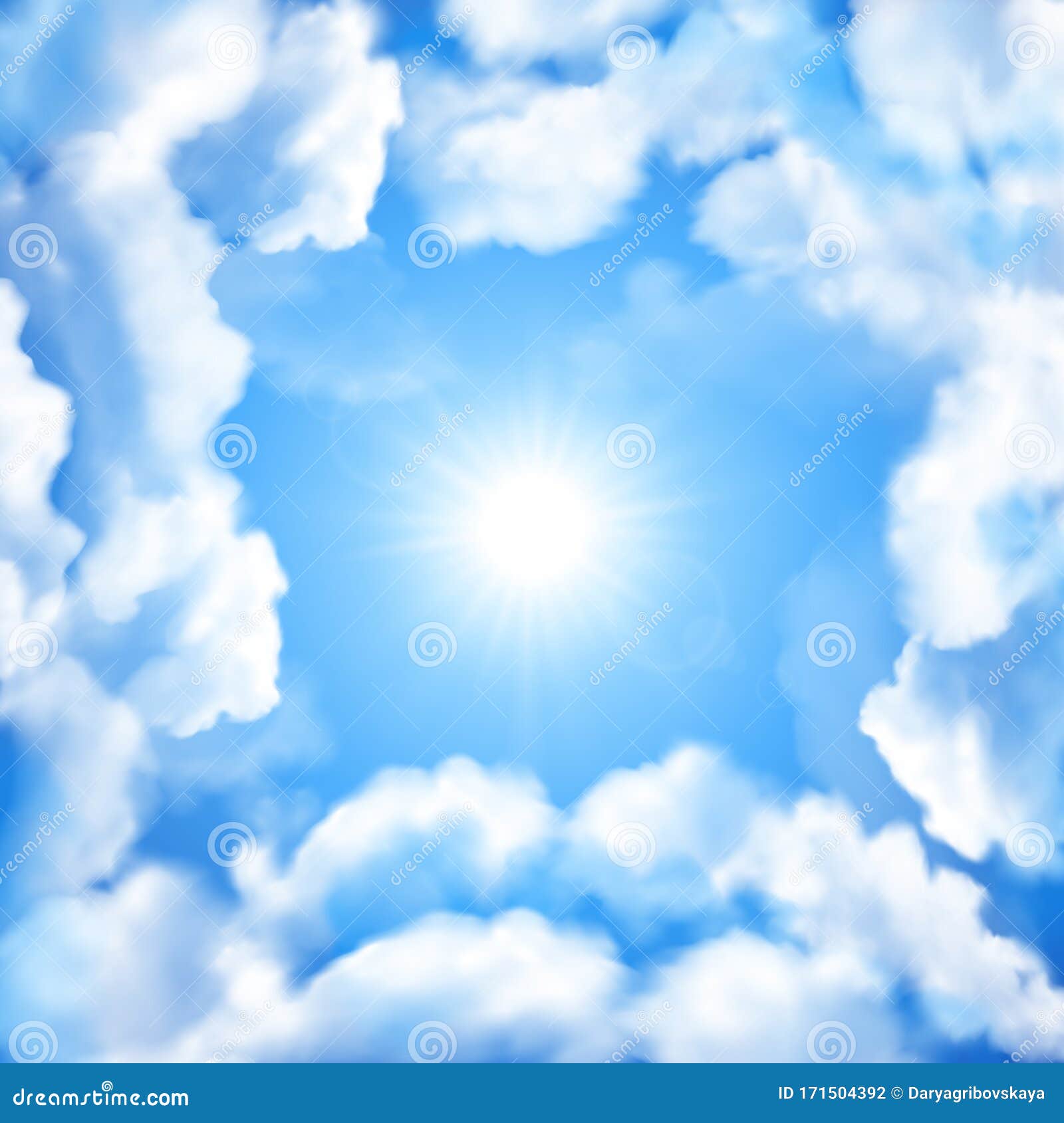 Blue Sky Background with White Clouds and Sun. Realstic Cloudy Effect ...