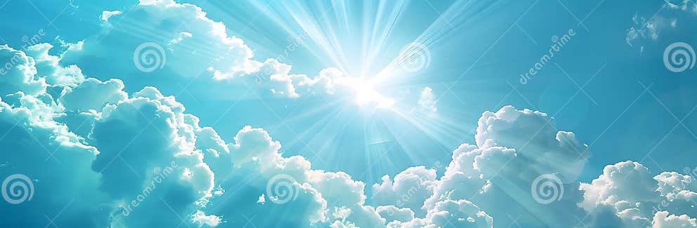 Blue Sky Banner with Sun Rays and Clouds Stock Illustration ...