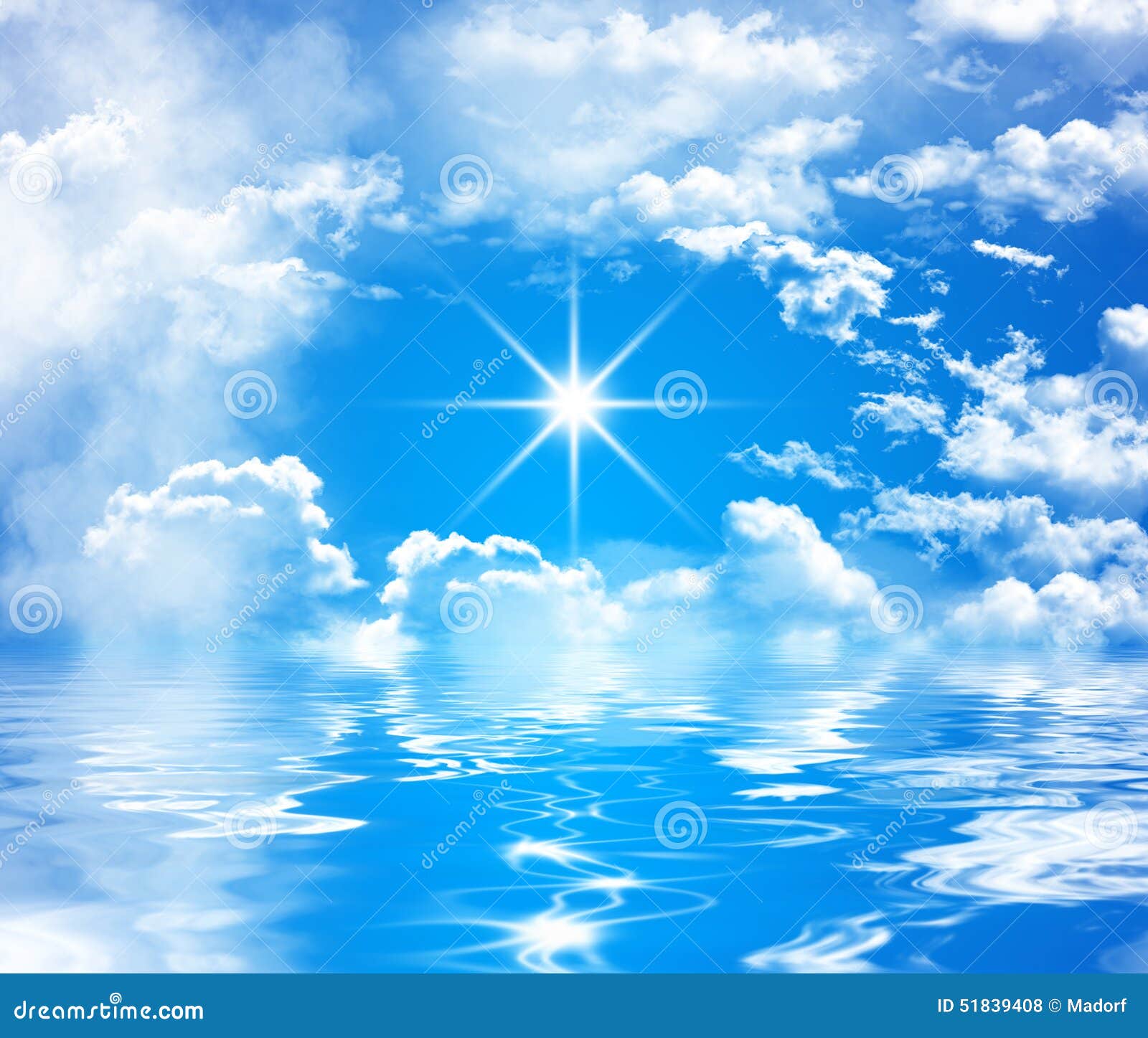Blue Sky with Big Clouds and Shiny Sun Over Water Stock Illustration - Illustration of scenery ...