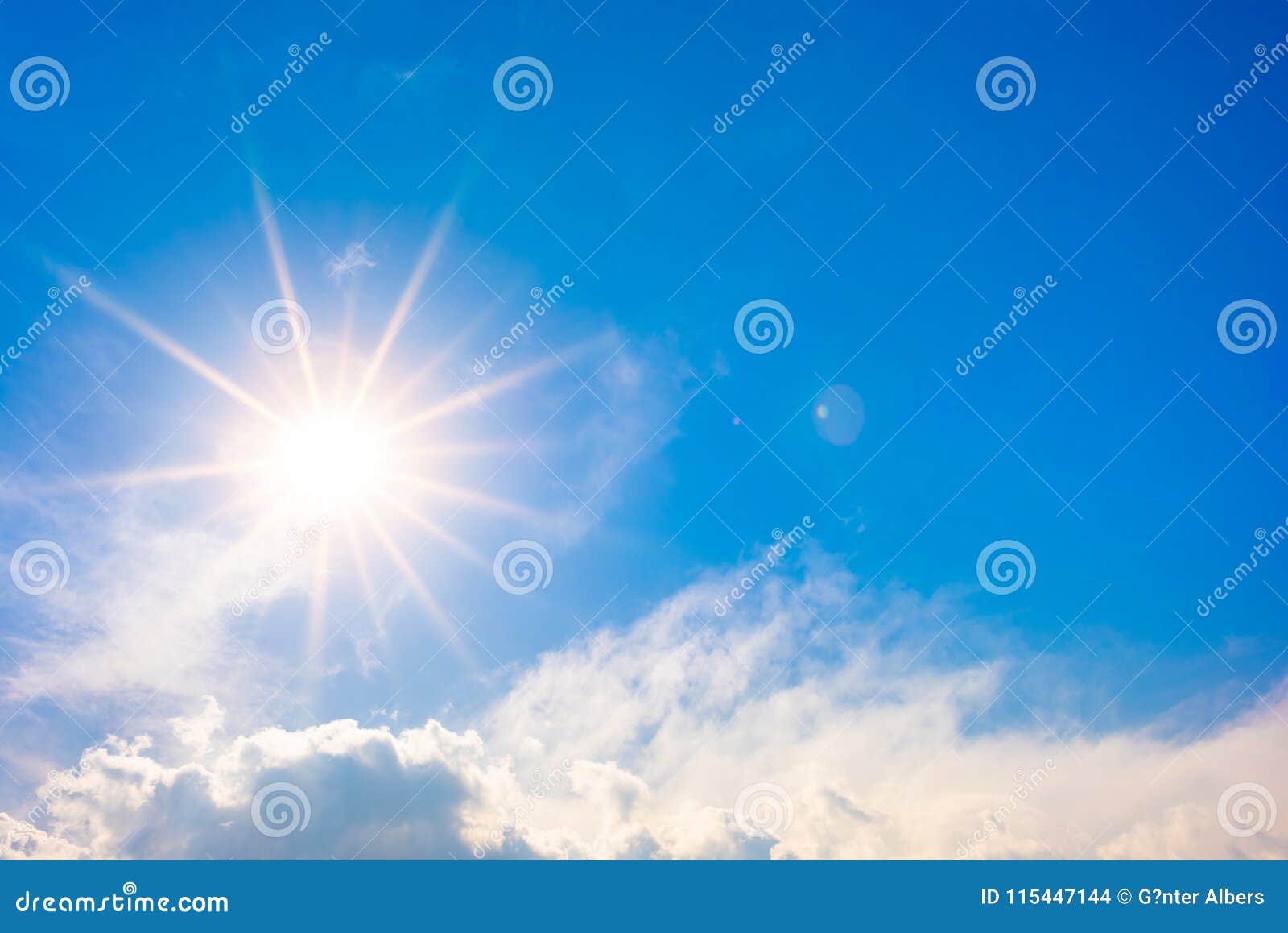 Blue sky with bright sun stock photo. Image of weather - 115447144