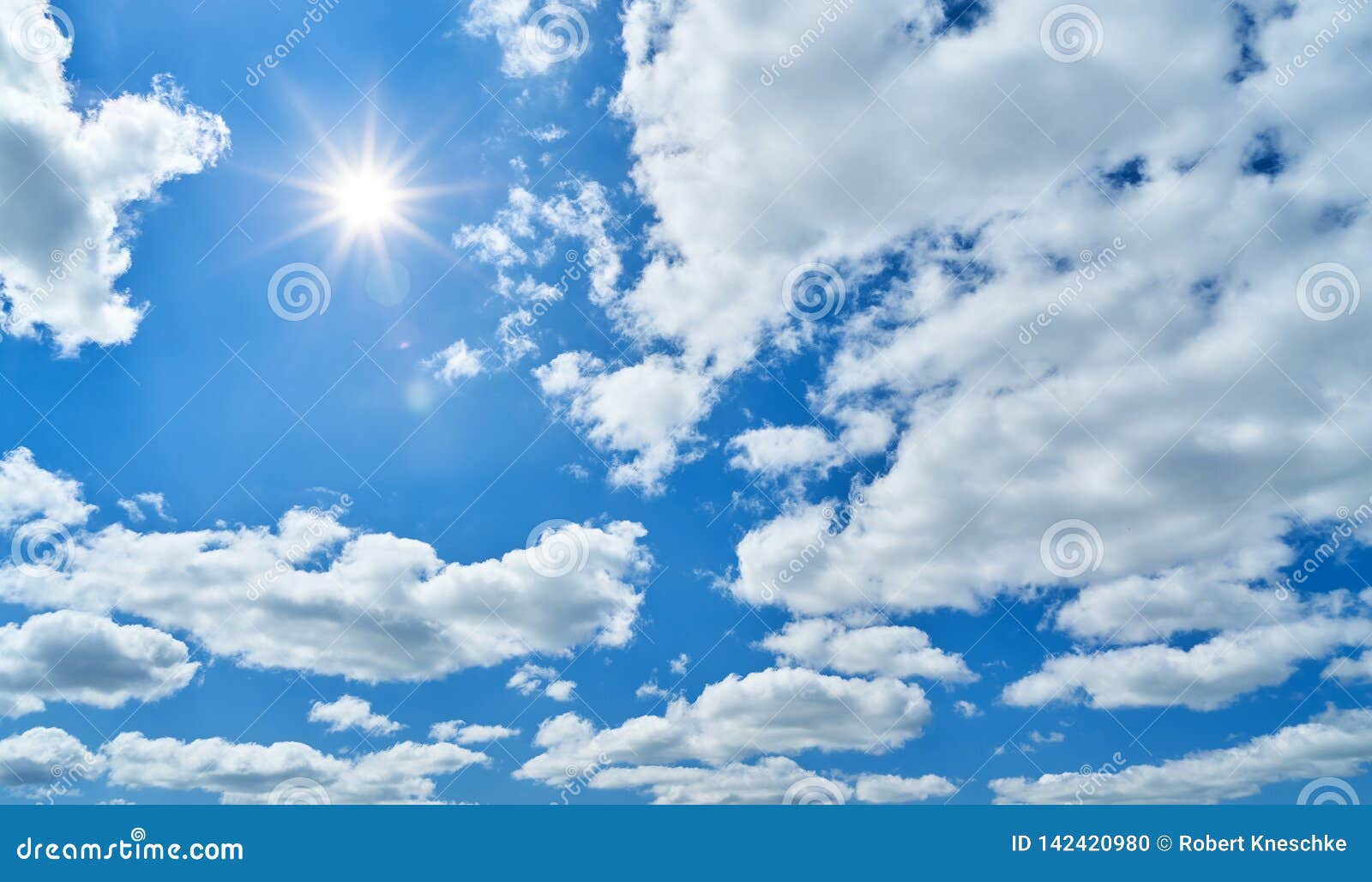 Blue Sky with Sun and White Clouds Stock Photo - Image of idyll, light ...