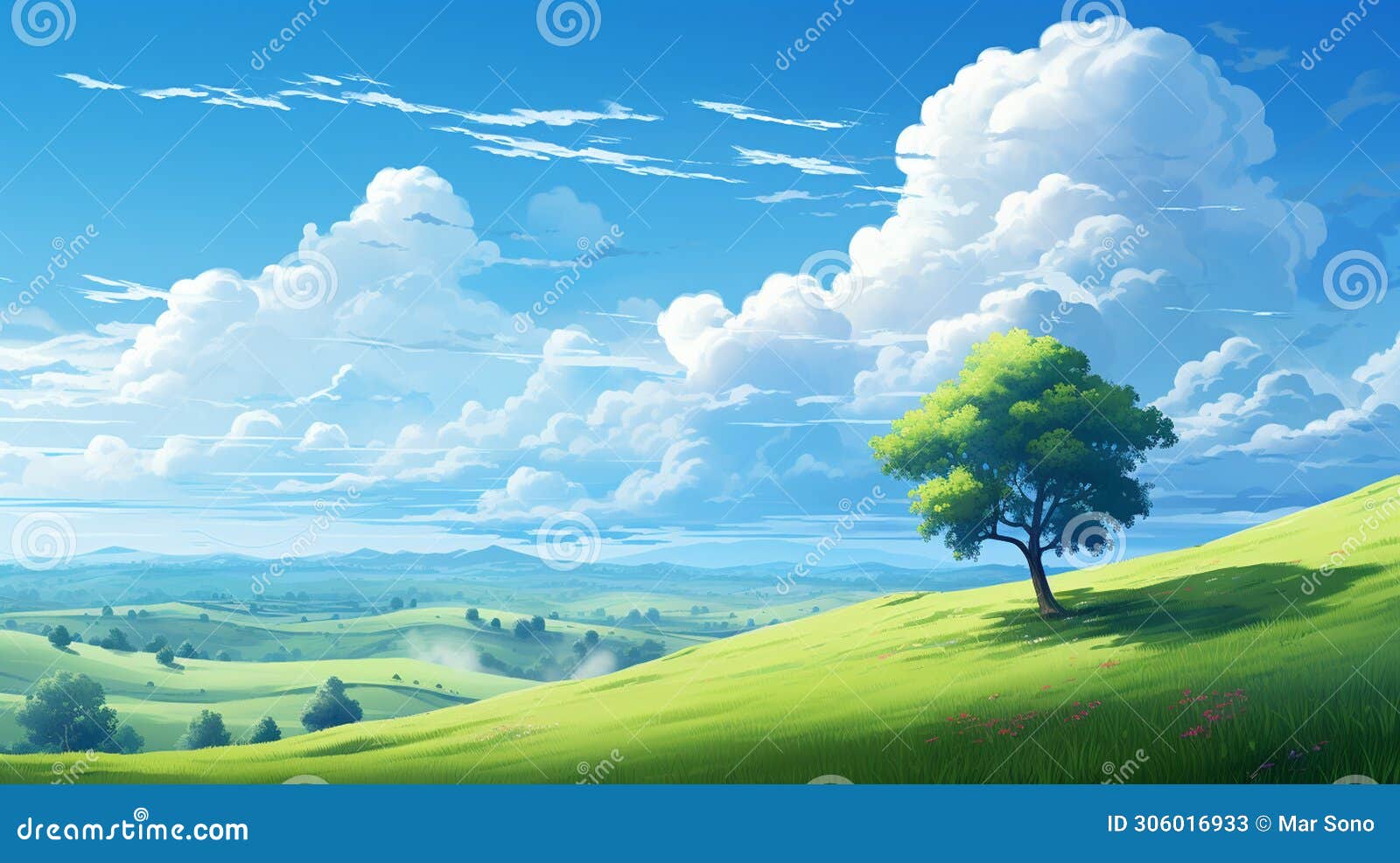 Blue Sky and Cloud with Meadow Tree. Plain Landscape Background for ...