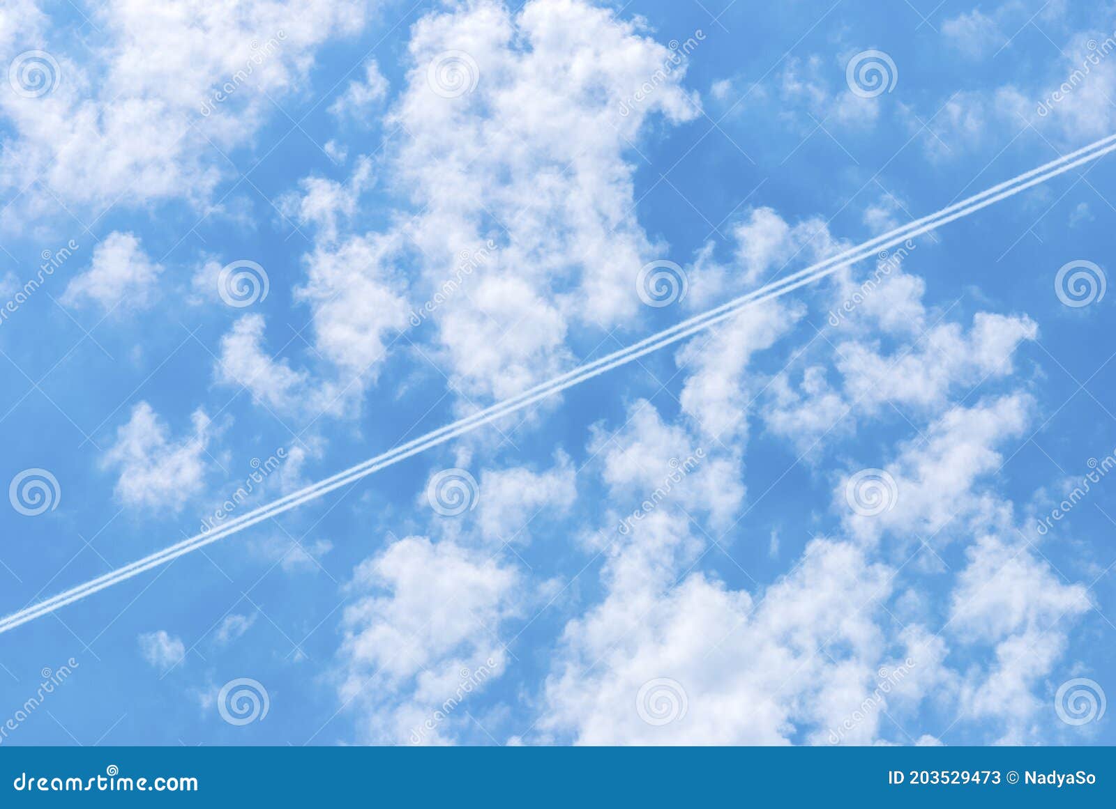 Blue Sky with Clouds and Contrails Stock Image - Image of flying ...