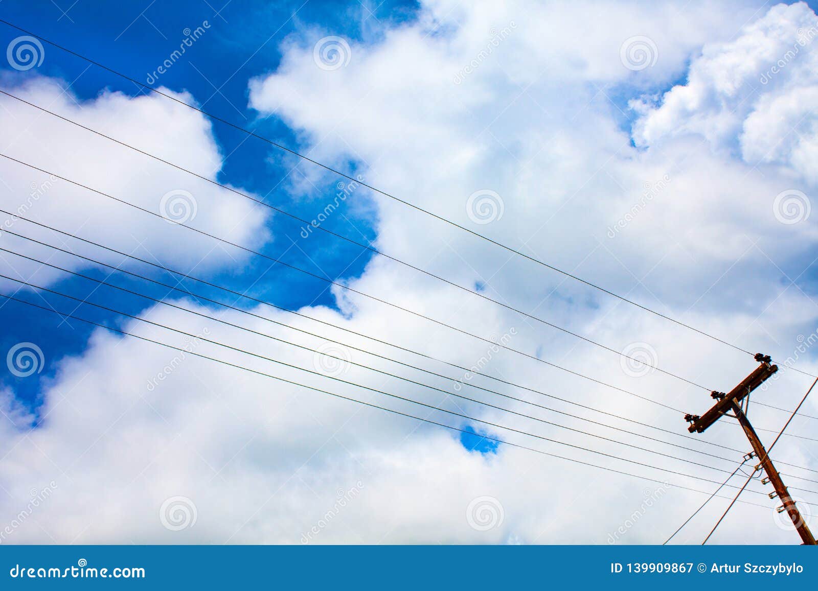 Blue Sky with Clouds and Electricity Wires. Industrial Electricity ...