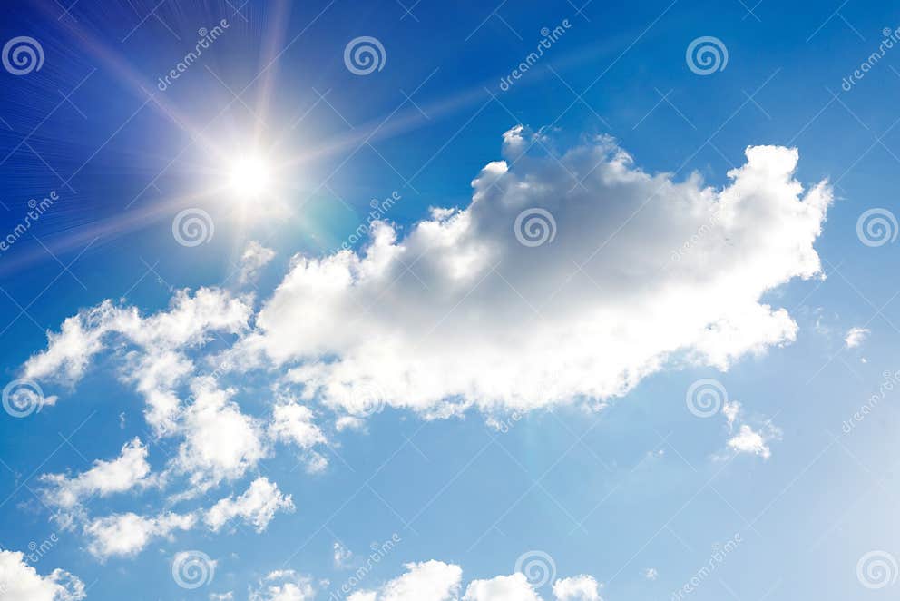 Blue Sky with Clouds and Sun with Rays of Light Stock Image - Image of ...