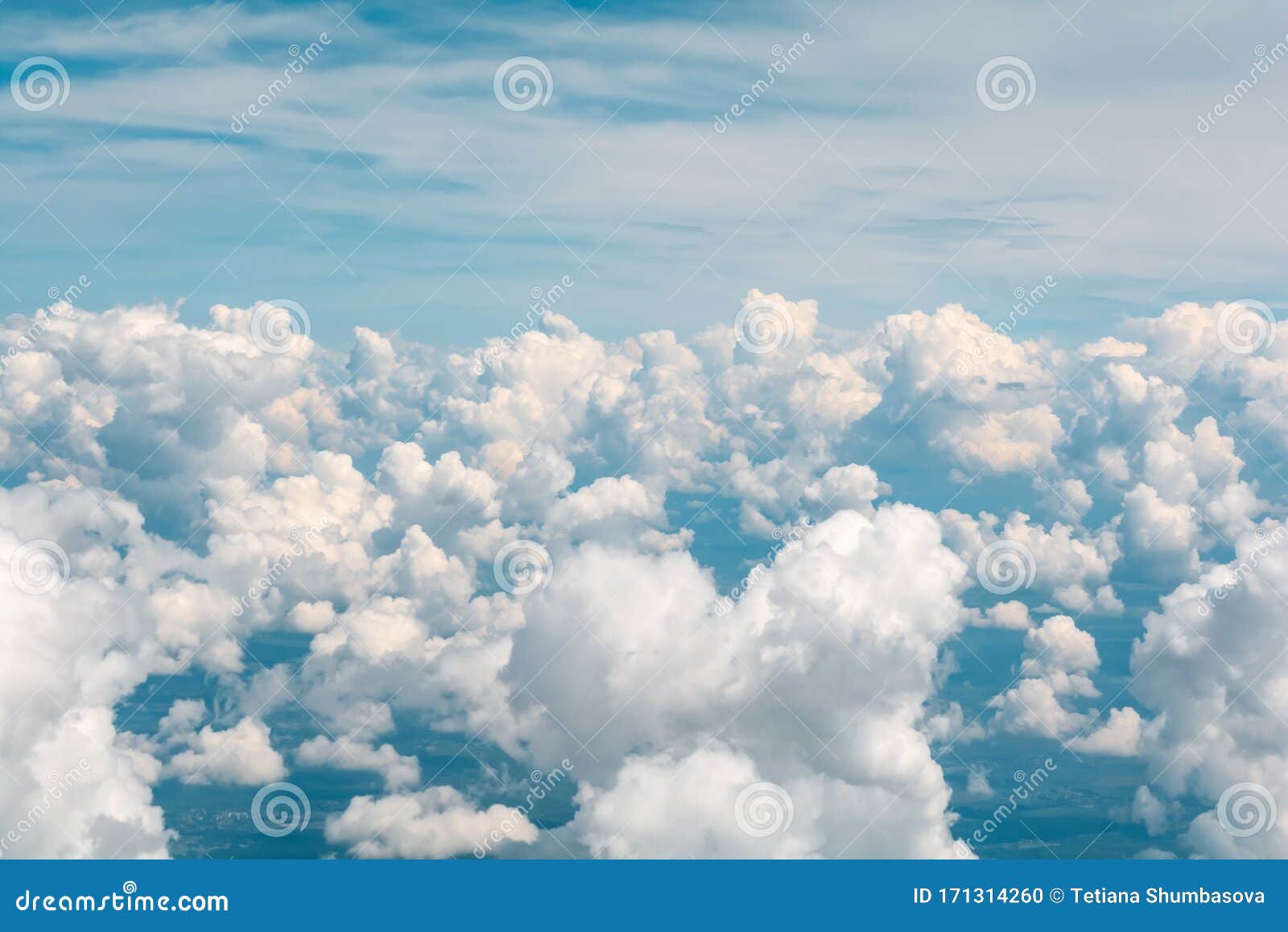 Blue Sky with Fluffy Clouds. Aerial View from Airplane Window Stock ...