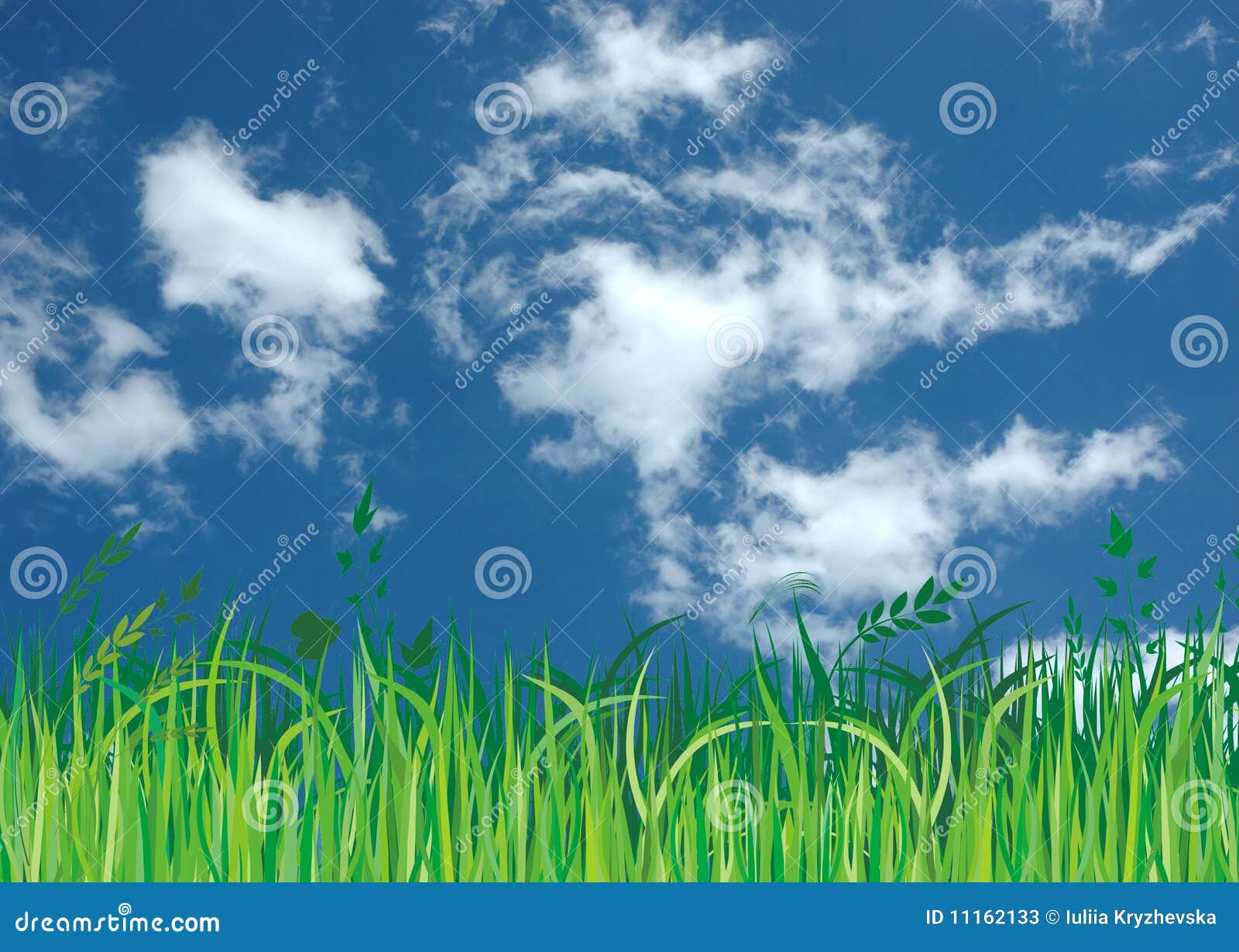 Blue Sky, Green Grass and Clouds Stock Illustration - Illustration of ...