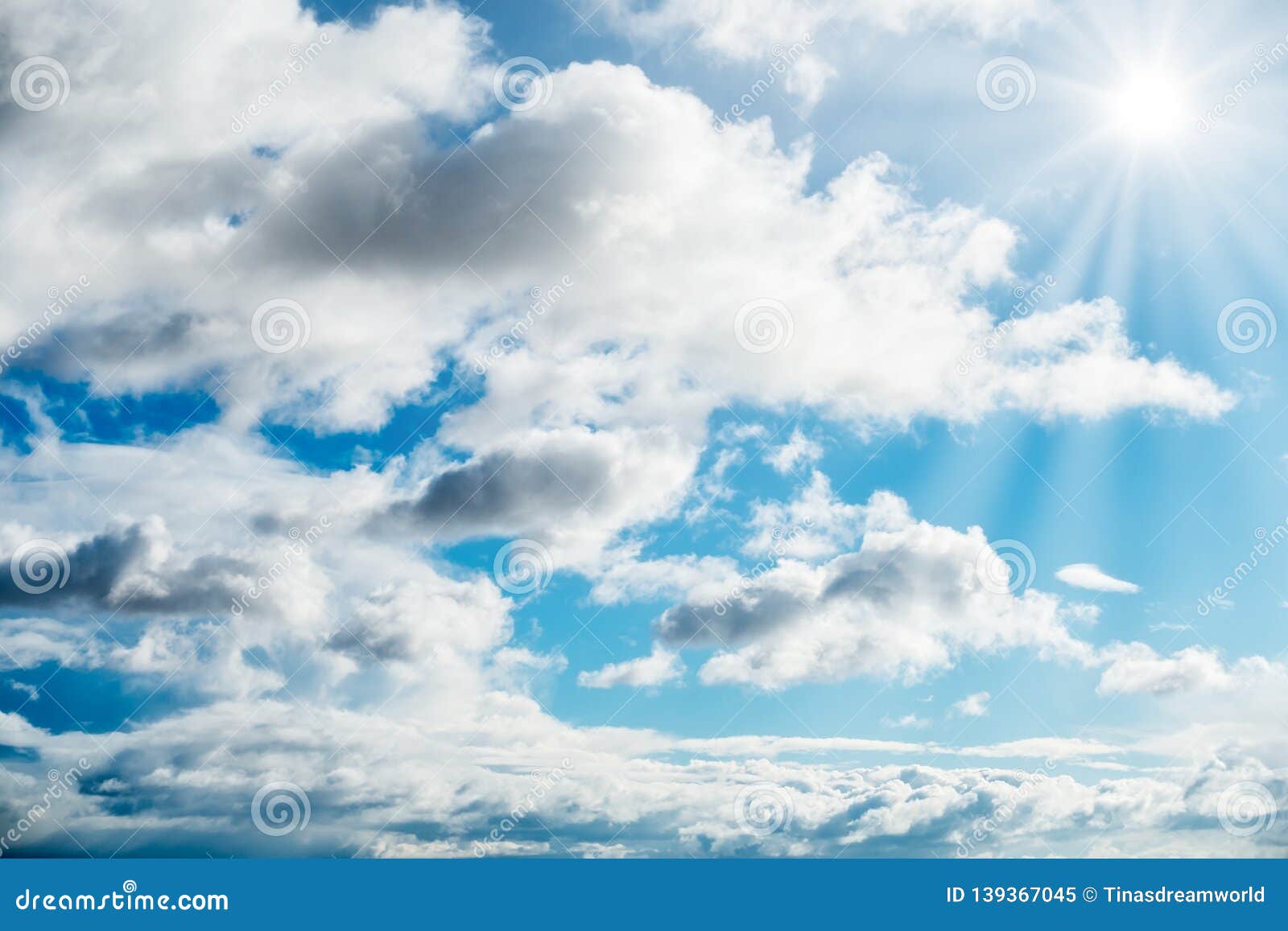 Blue Sky with White Clouds Sun and Sun Rays Stock Image - Image of gray ...