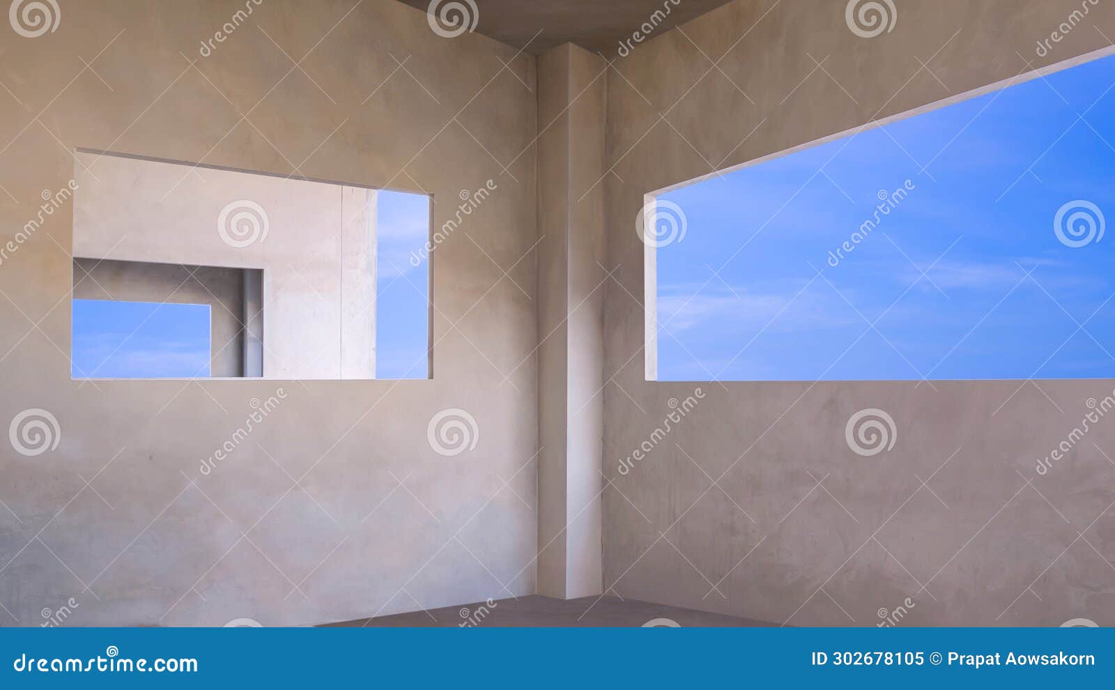 Blue Sky View Inside of Panoramic Windows Frame on Concrete Wall Room ...
