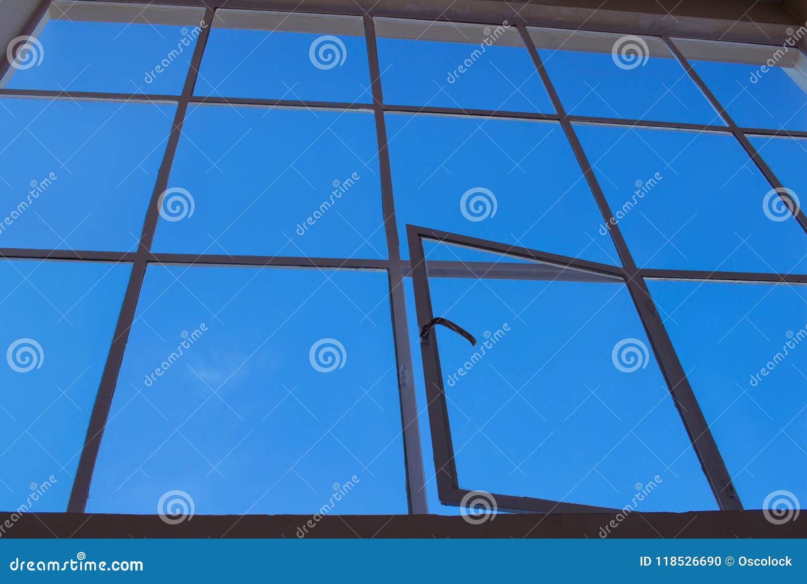 Blue Sky View through Loft Glass Window with Open Leaf Stock Photo ...