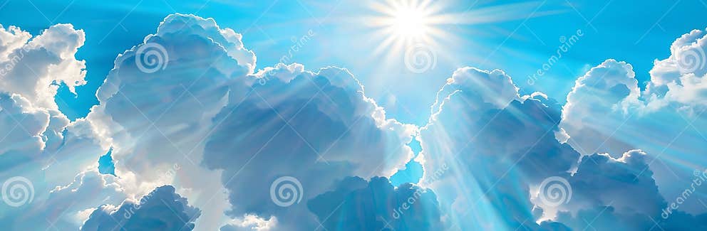 Blue Sky with White Clouds and Sun Rays Banner Stock Illustration ...
