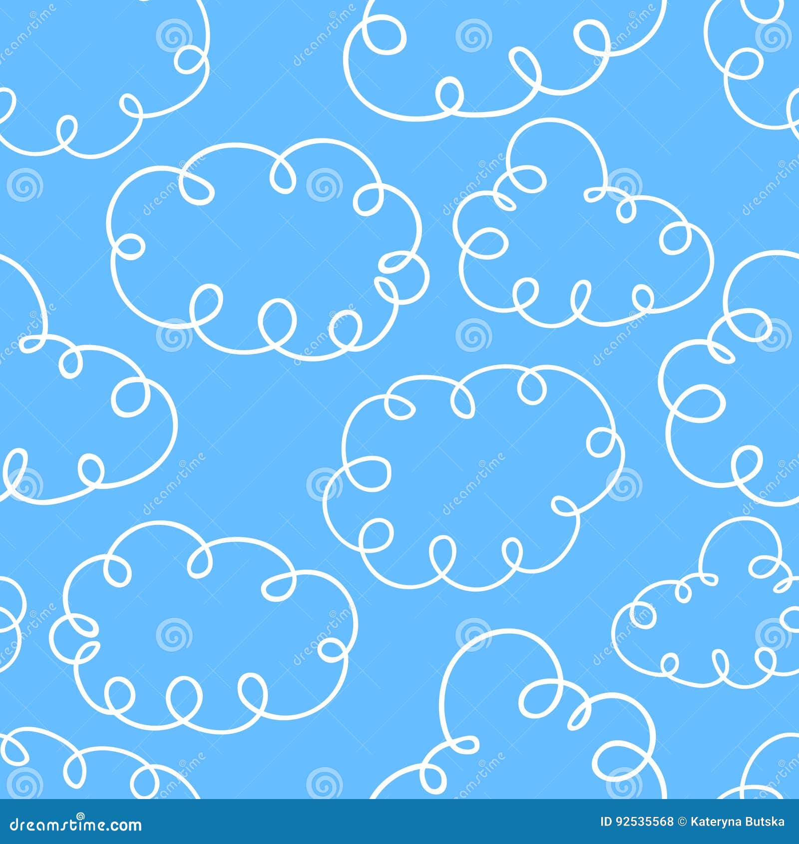 Blue Sky with White Curly Swirl Clouds. Hand Drawn Seamless Pattern ...