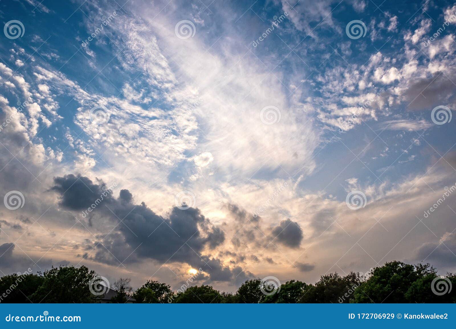 Blue Sky with Wispy White Clouds Stock Image - Image of clouds, sunset ...