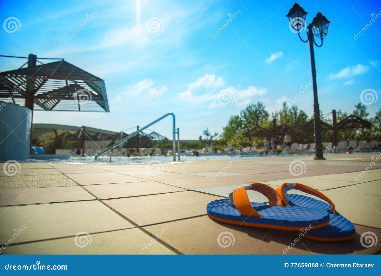 Blue Slippers Near Swimming Pool at Poolside Stock Photo - Image of ...