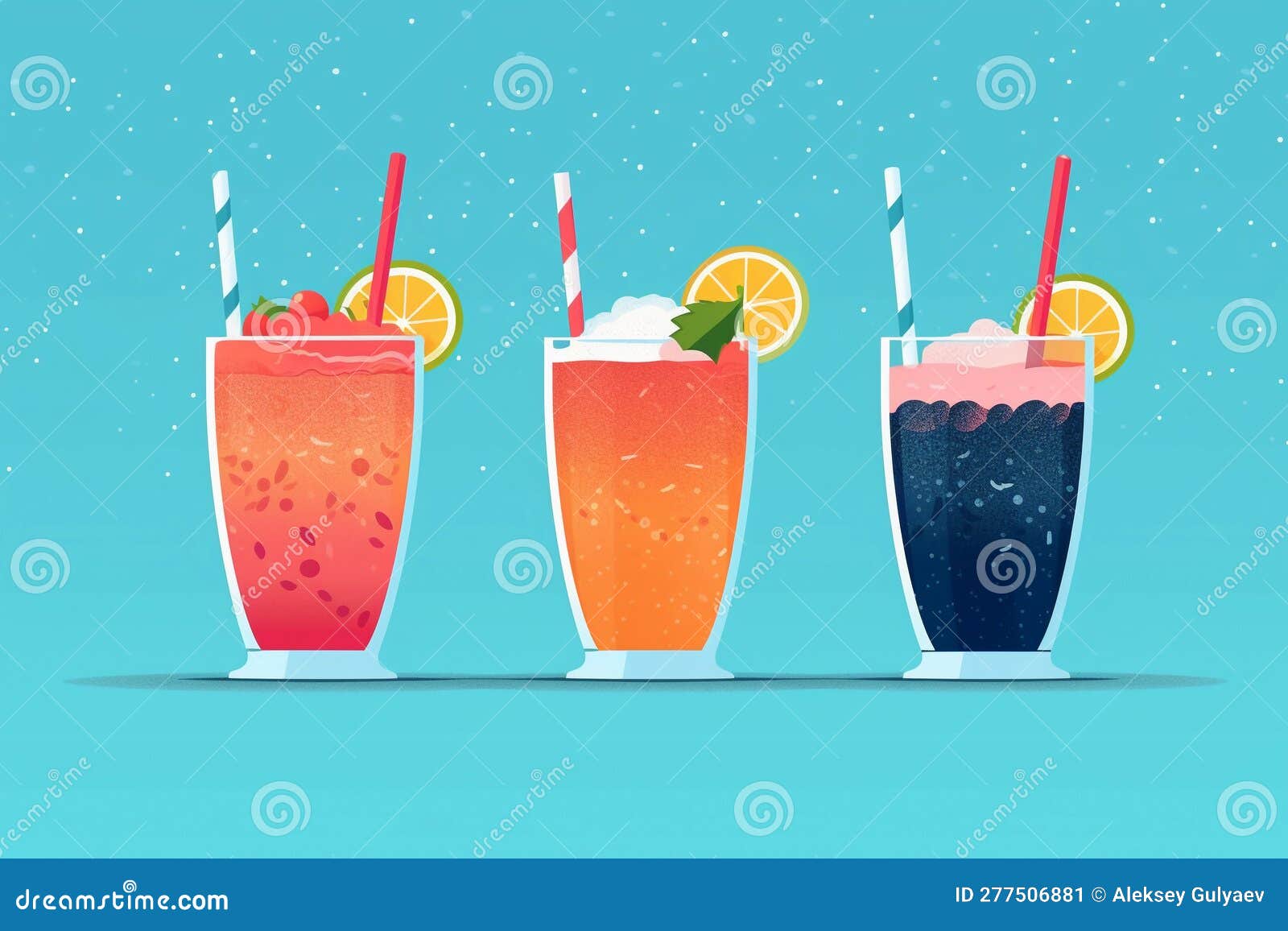 A Blue Slushie Background with Four Different Drinks with Straws and ...