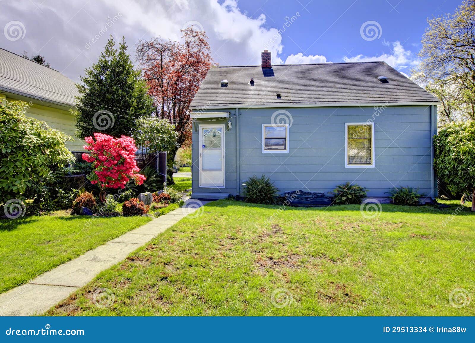 Blue Small House with Spring Landscape from Backyard. Stock Photo ...