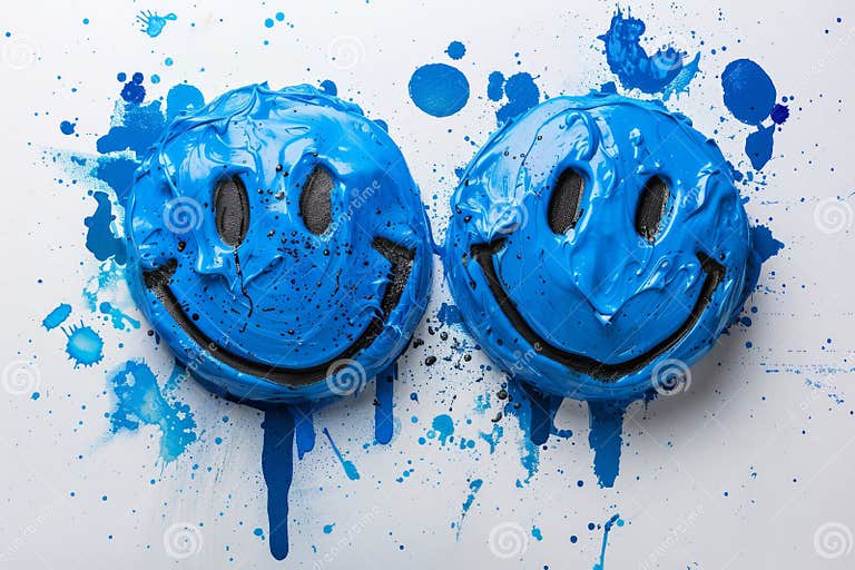 Blue Smiley Faces on White Background with Expressive Paint Splatters ...
