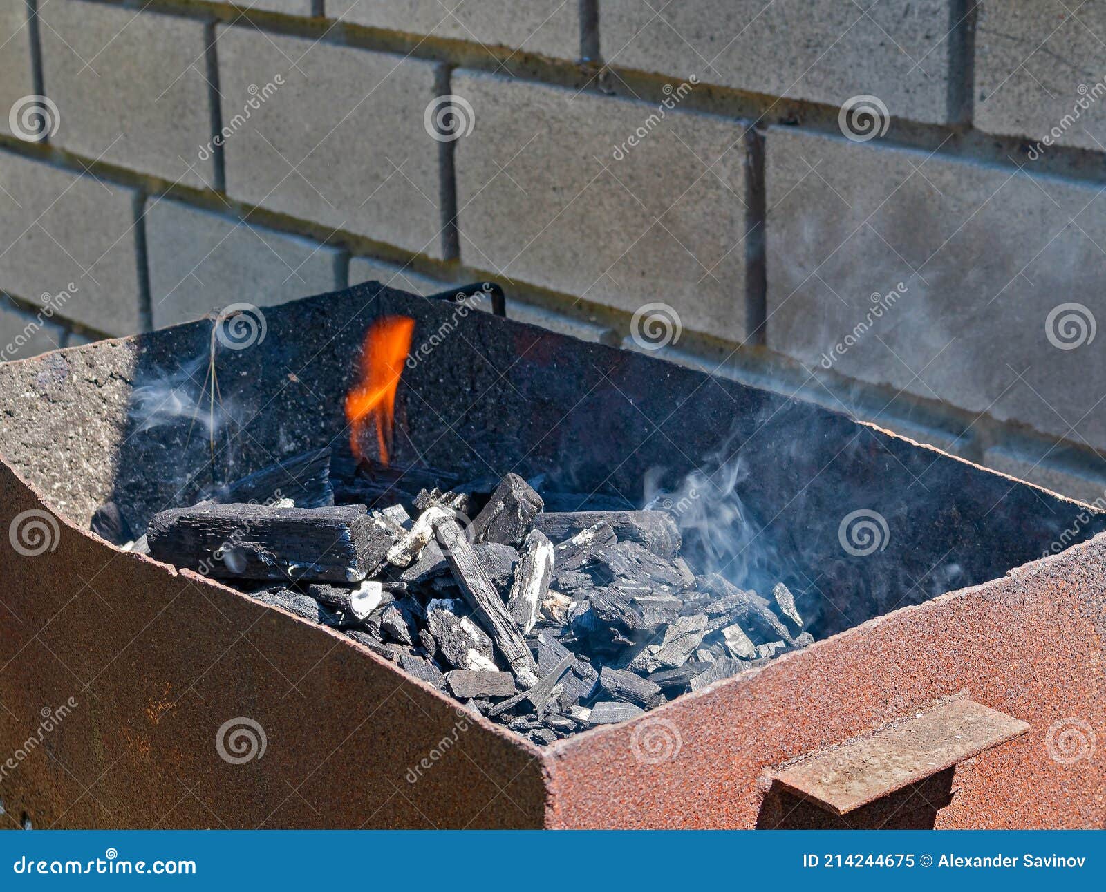 Blue Smoke Billows Over the Dying Coals in the Grill Stock Image ...