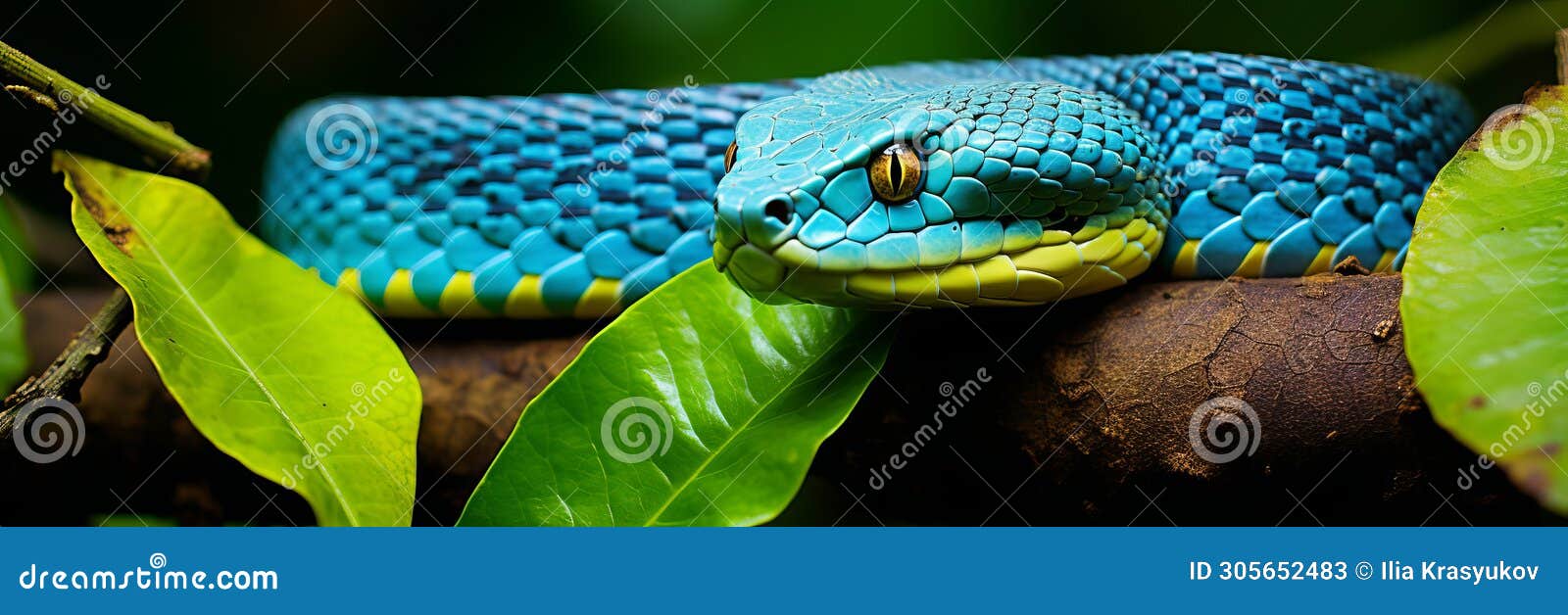 Blue Snake Wraps Itself Around a Tree Branch. Elegant Banner Design ...