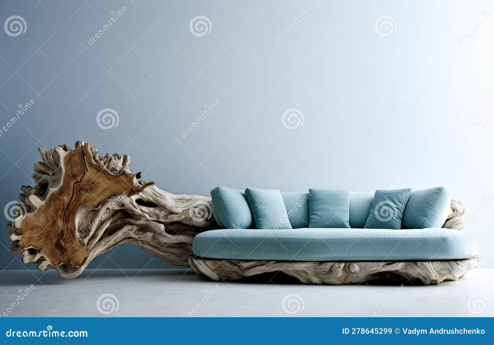 Blue Sofa Made of Tree Trunk Root Over Blue Empty Wall with Copy Space ...