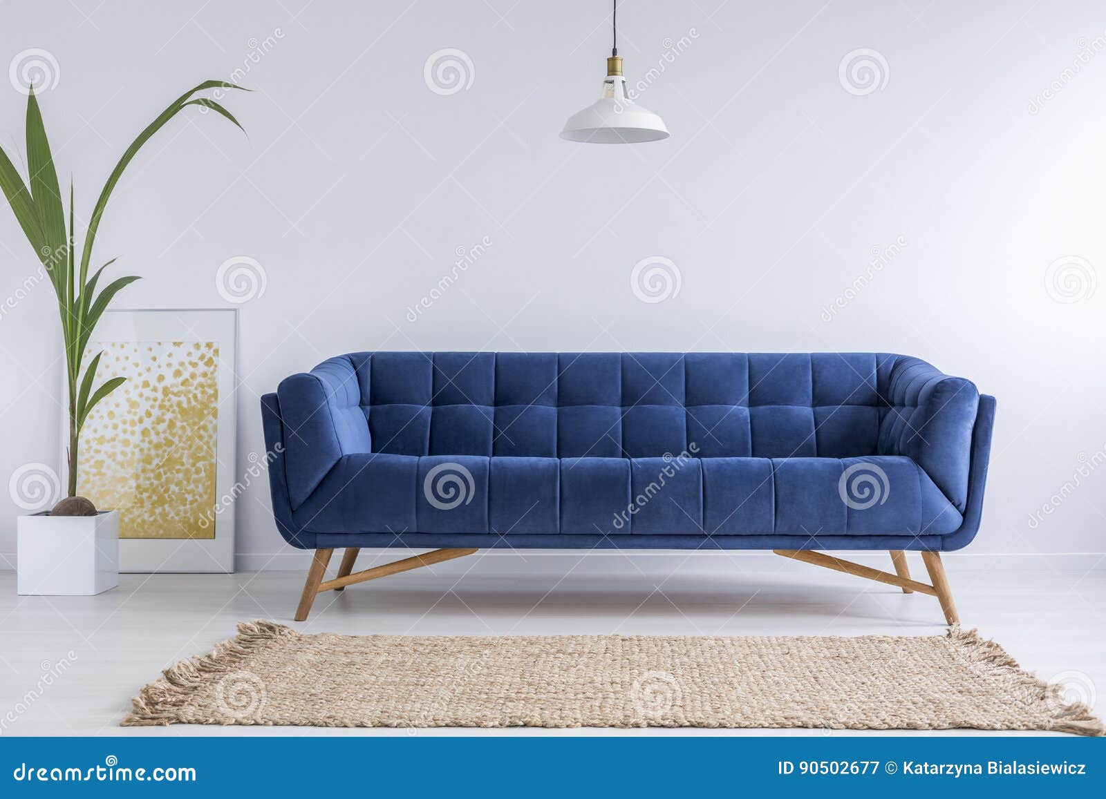Blue Sofa and Wicker Carpet Stock Image - Image of indoors, minimal ...