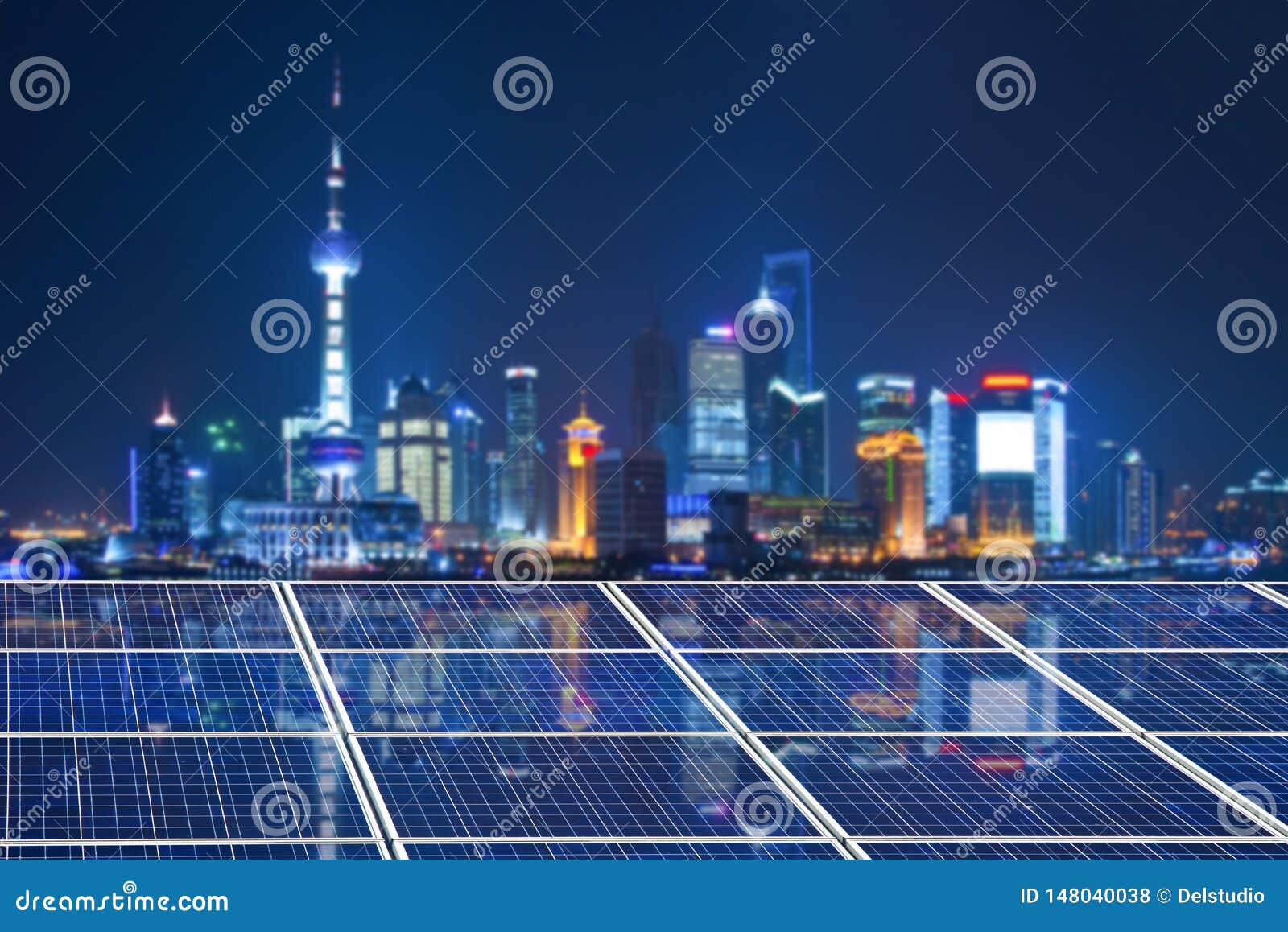 Blue Solar Cell Panels,Shanghai Skyline Illuminated at Night Stock ...