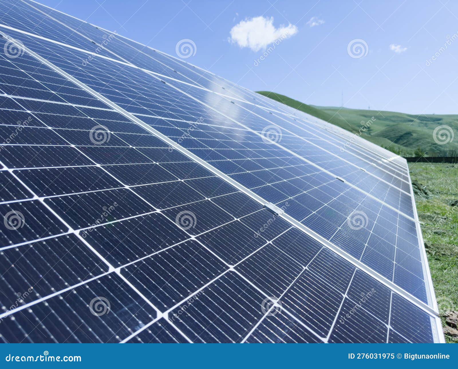 Blue Solar Panel Over Blue Sky, Mountains, Sun and Clouds. Solar Panels ...