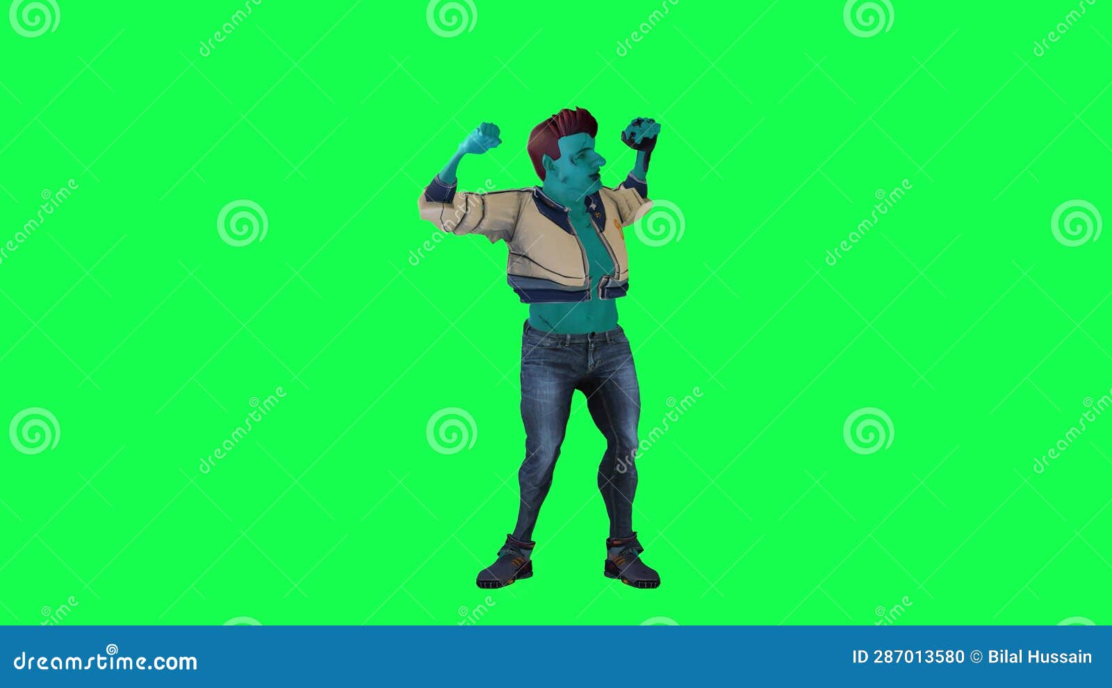 Blue Spaceman Rejoicing after Victory from Opposite Angle on Green ...