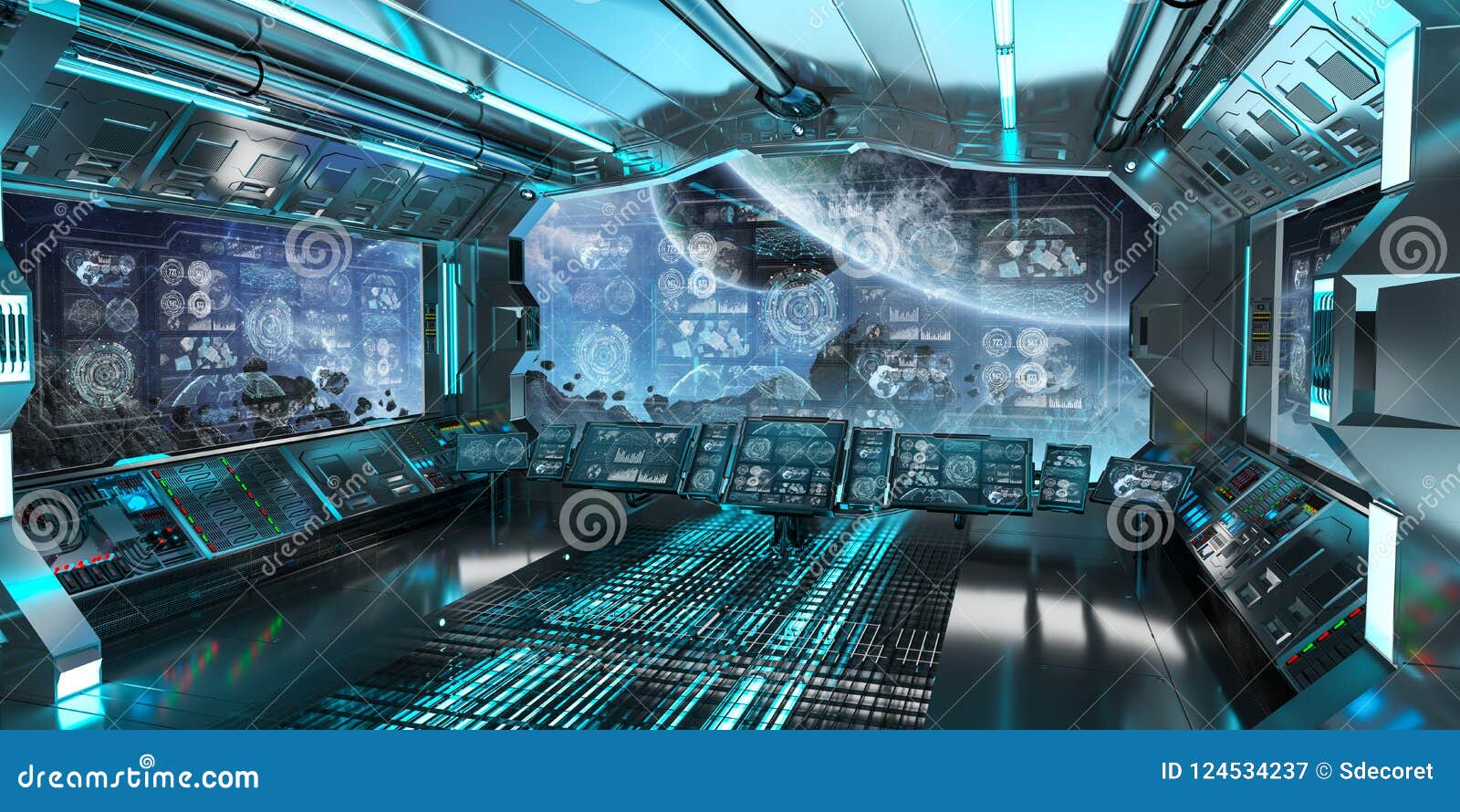 Blue Spaceship Interior with Control Panel Screens 3D Rendering Stock ...