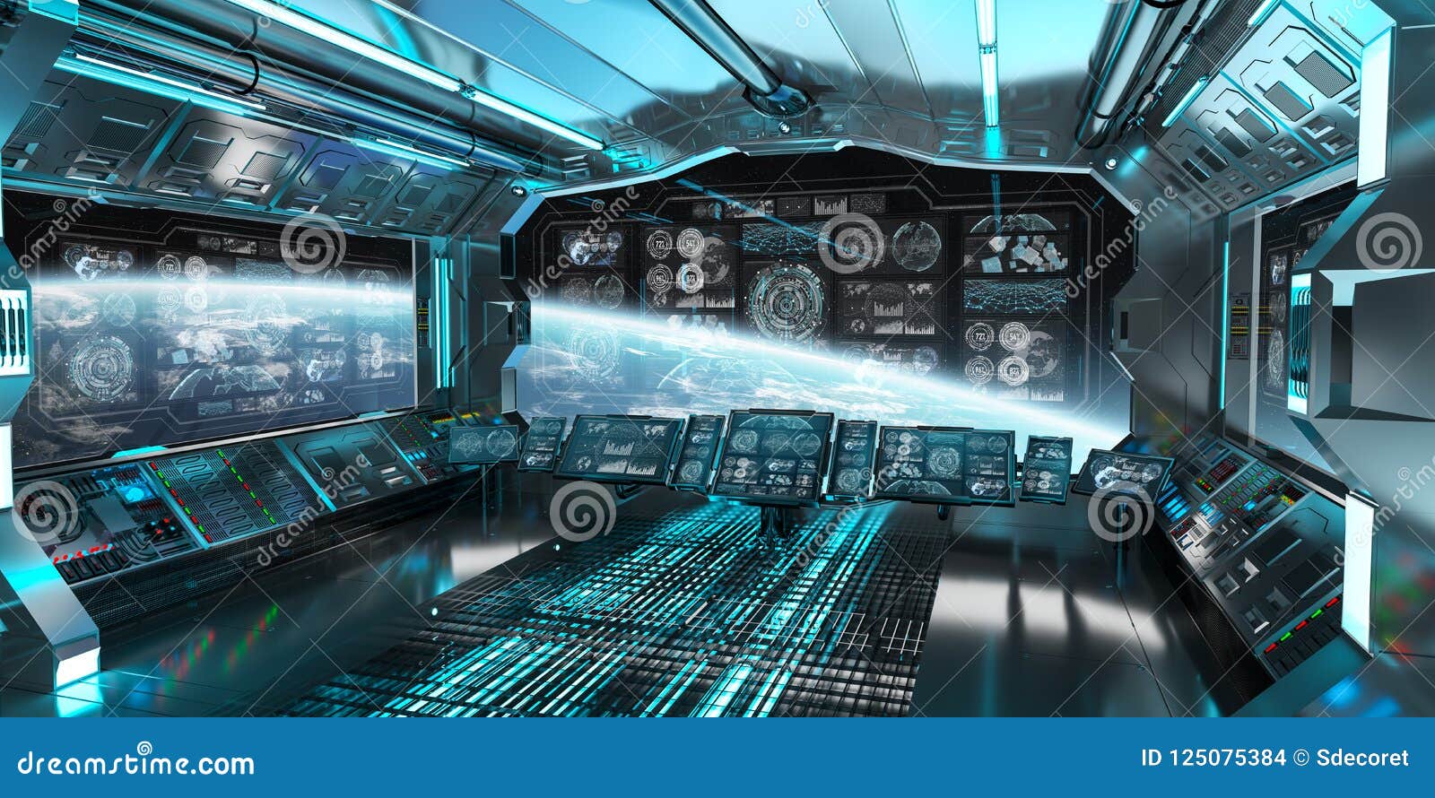 Blue Spaceship Interior with Control Panel Screens 3D Rendering Stock ...