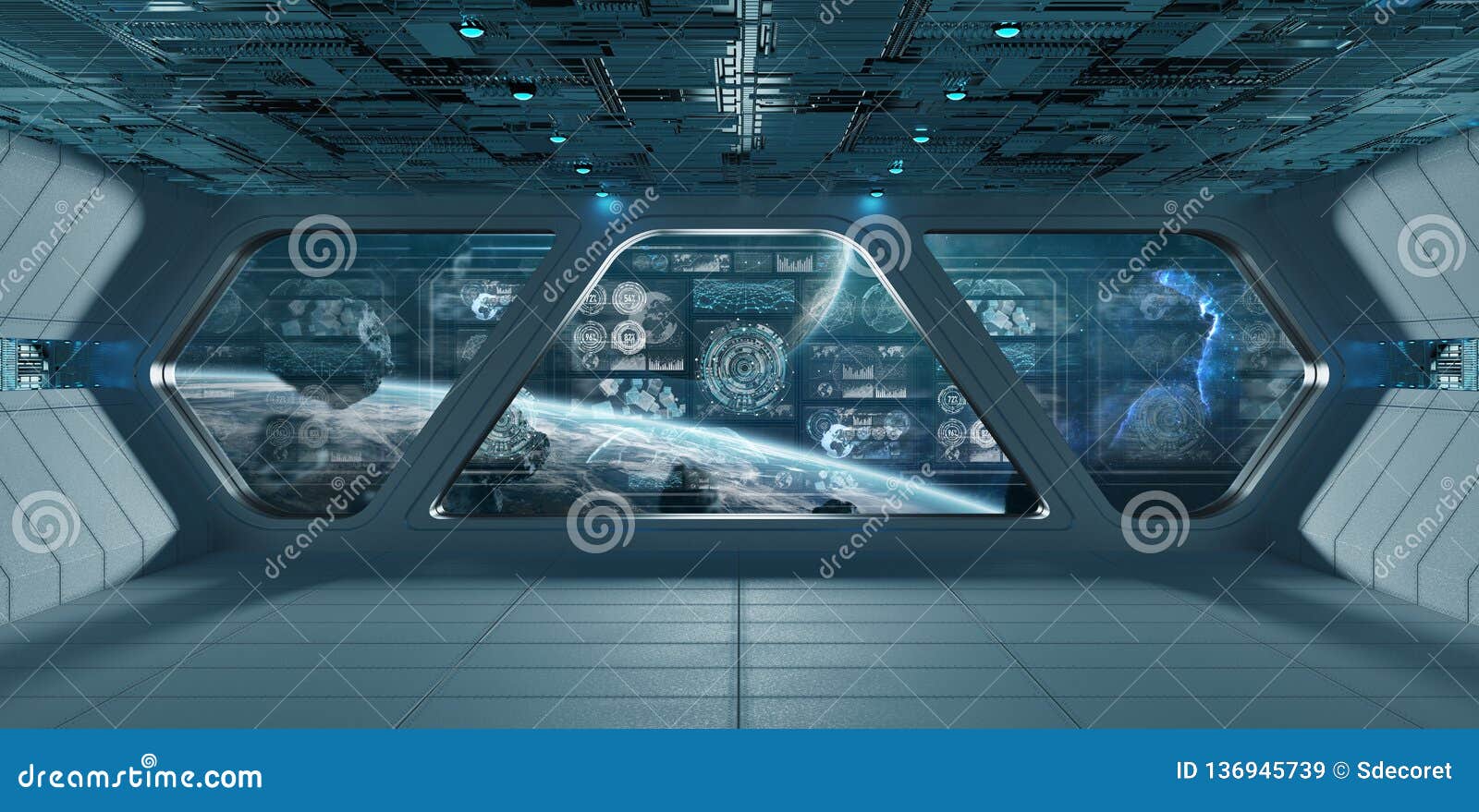 Blue Spaceship Interior with Control Panel Screens 3D Rendering Stock ...