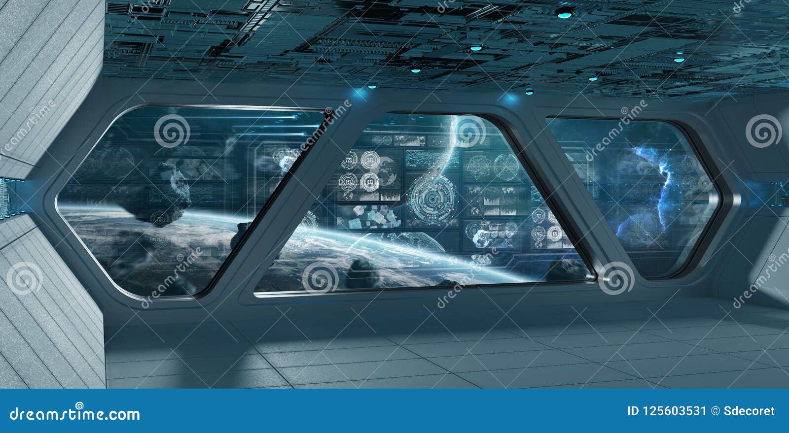 Blue Spaceship Interior with Control Panel Screens 3D Rendering Stock ...
