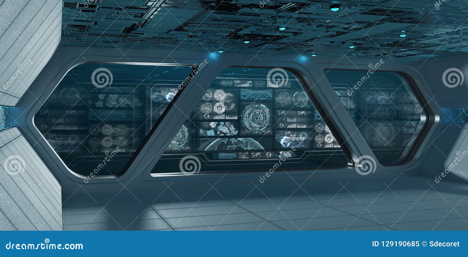 Blue Spaceship Interior with Control Panel Screens 3D Rendering Stock ...