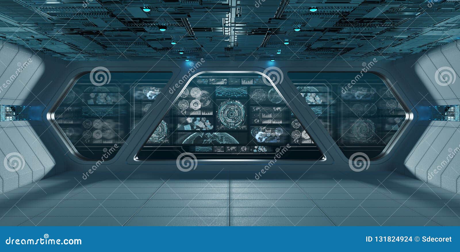 Blue Spaceship Interior with Control Panel Screens 3D Rendering Stock ...