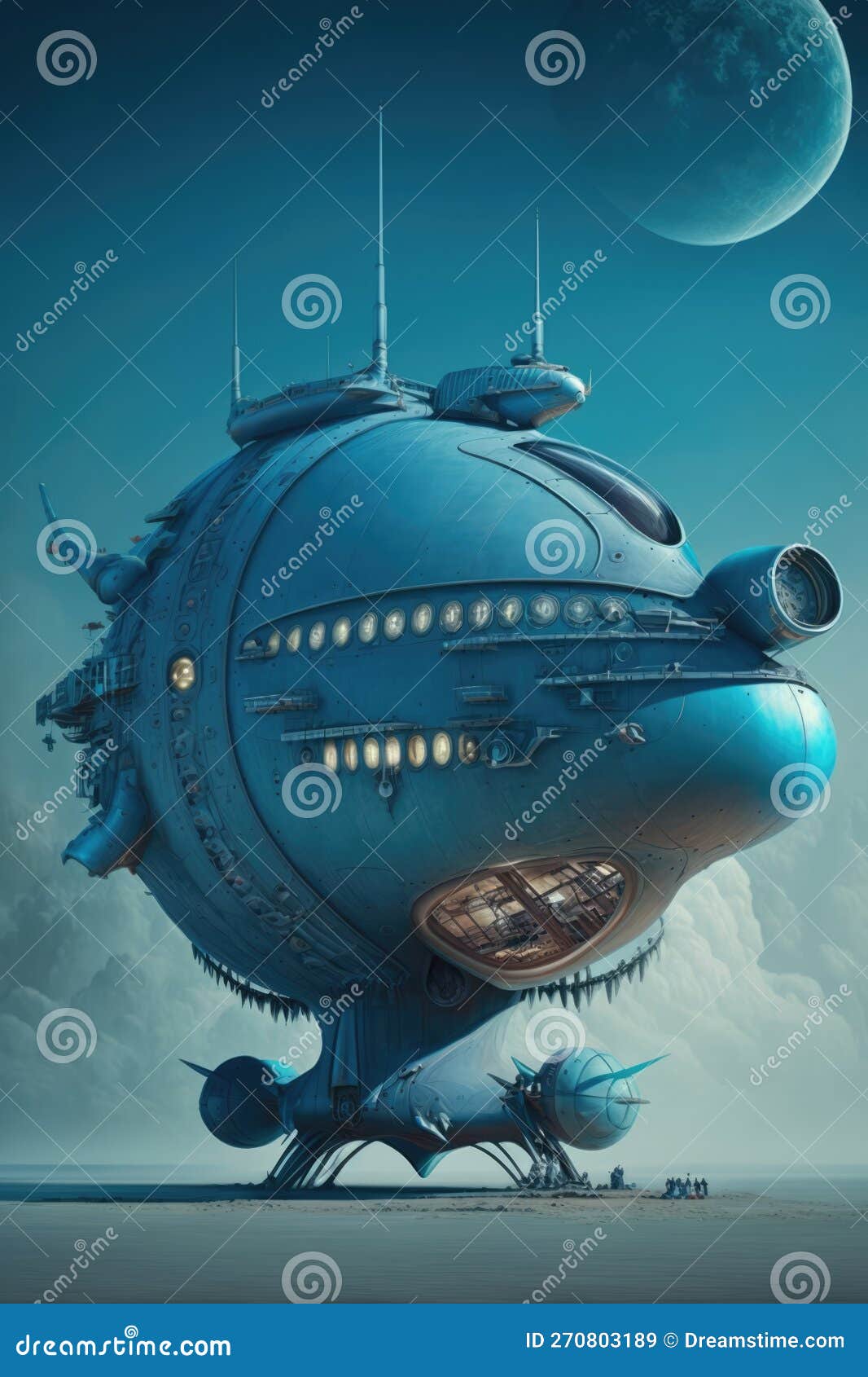 Blue Spaceship on Blue Surface Over Earth Background, Created Using ...