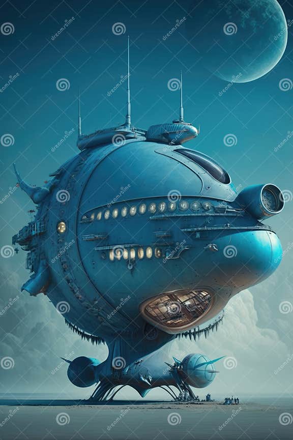 Blue Spaceship on Blue Surface Over Earth Background, Created Using ...