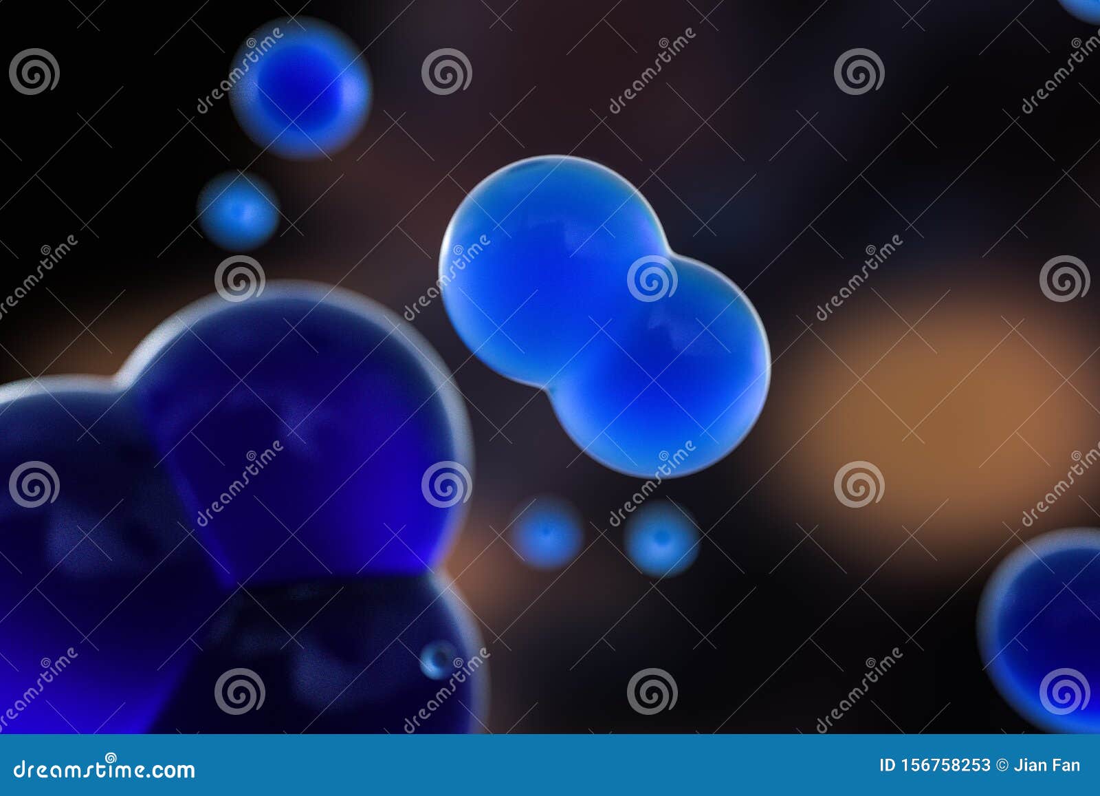 Blue Spheres and Molecular Model, Random Distributed, 3d Rendering ...