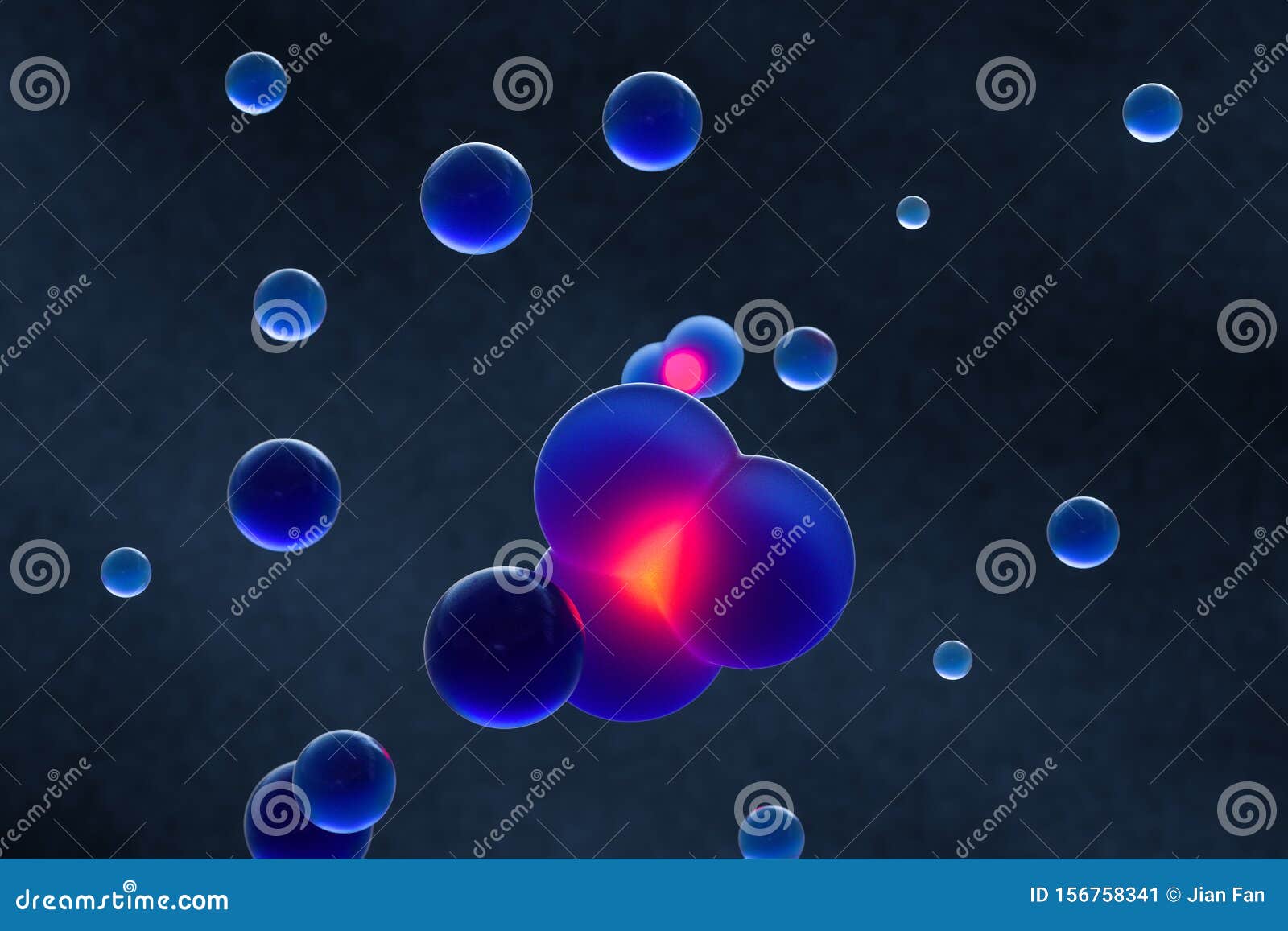 Blue Spheres and Molecular Model, Random Distributed, 3d Rendering ...